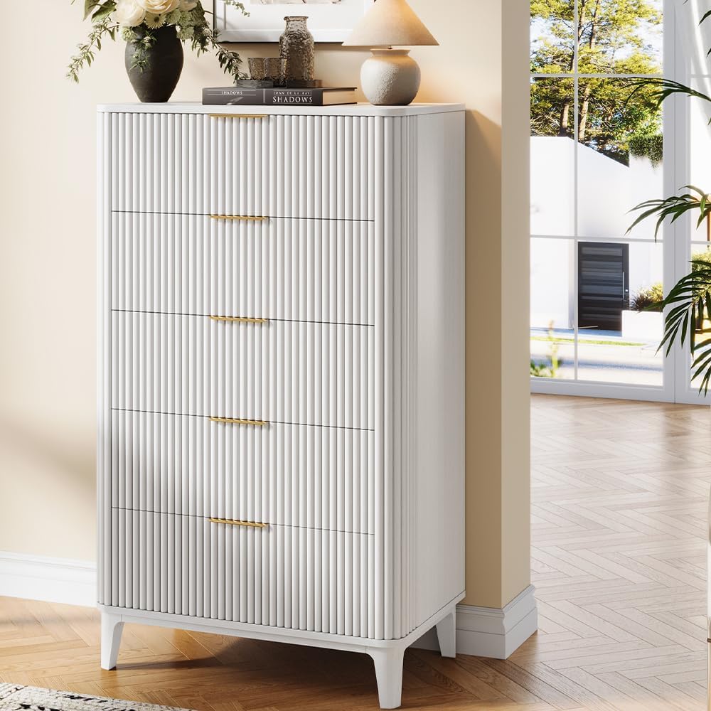Fluted 5 Drawers Dresser for Bedroom, 45" Modern Tall Chest of Drawers ...