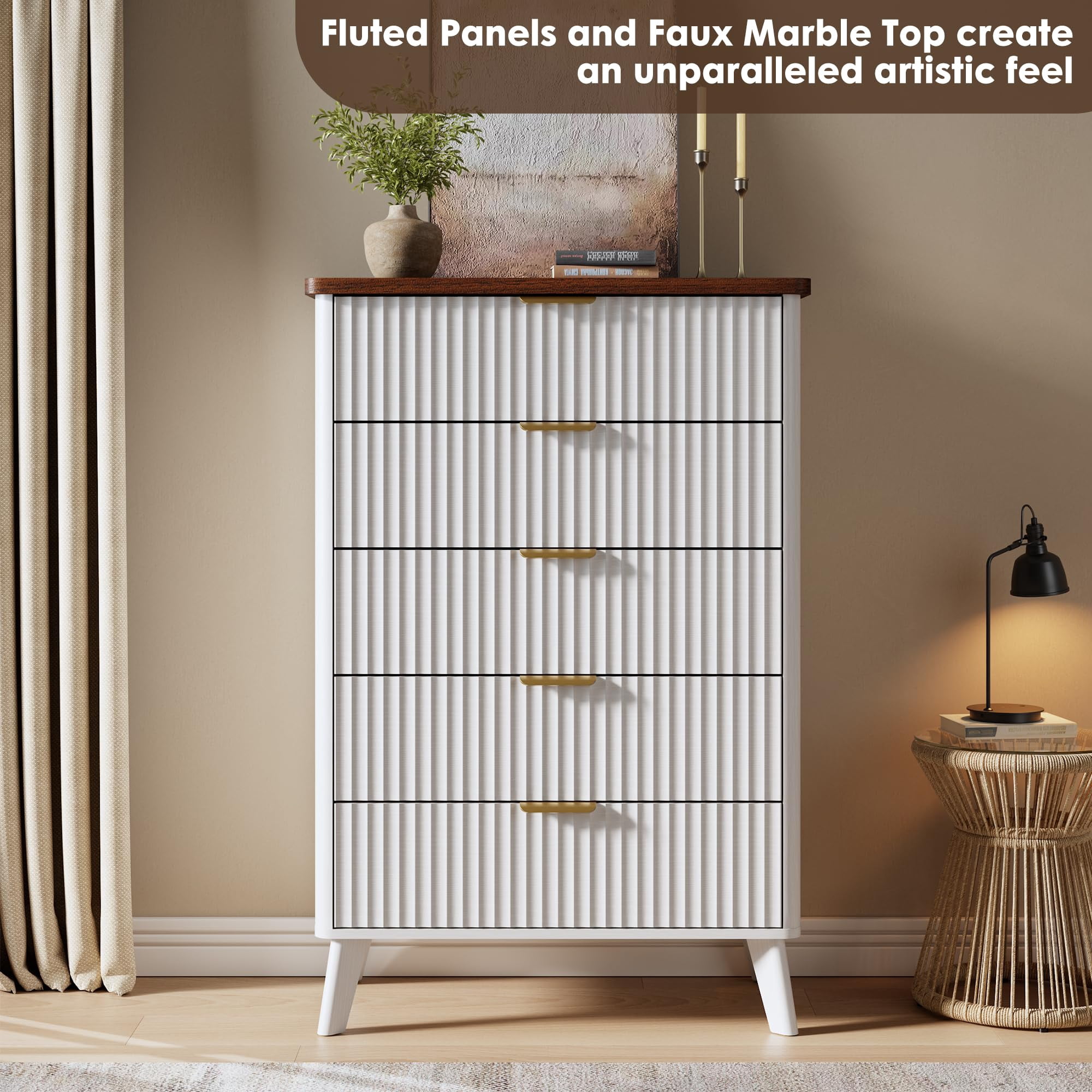 Fluted 5 Drawers Dresser for Bedroom,47 " Tall Wooden Dresser Chest of ...