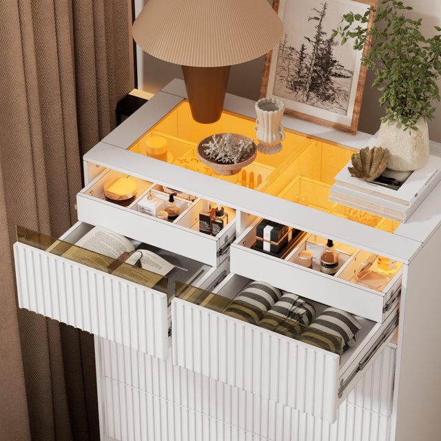 Fluted 5 Drawers Dresser, Modern Chest of Drawers with Glass Tabletop ...