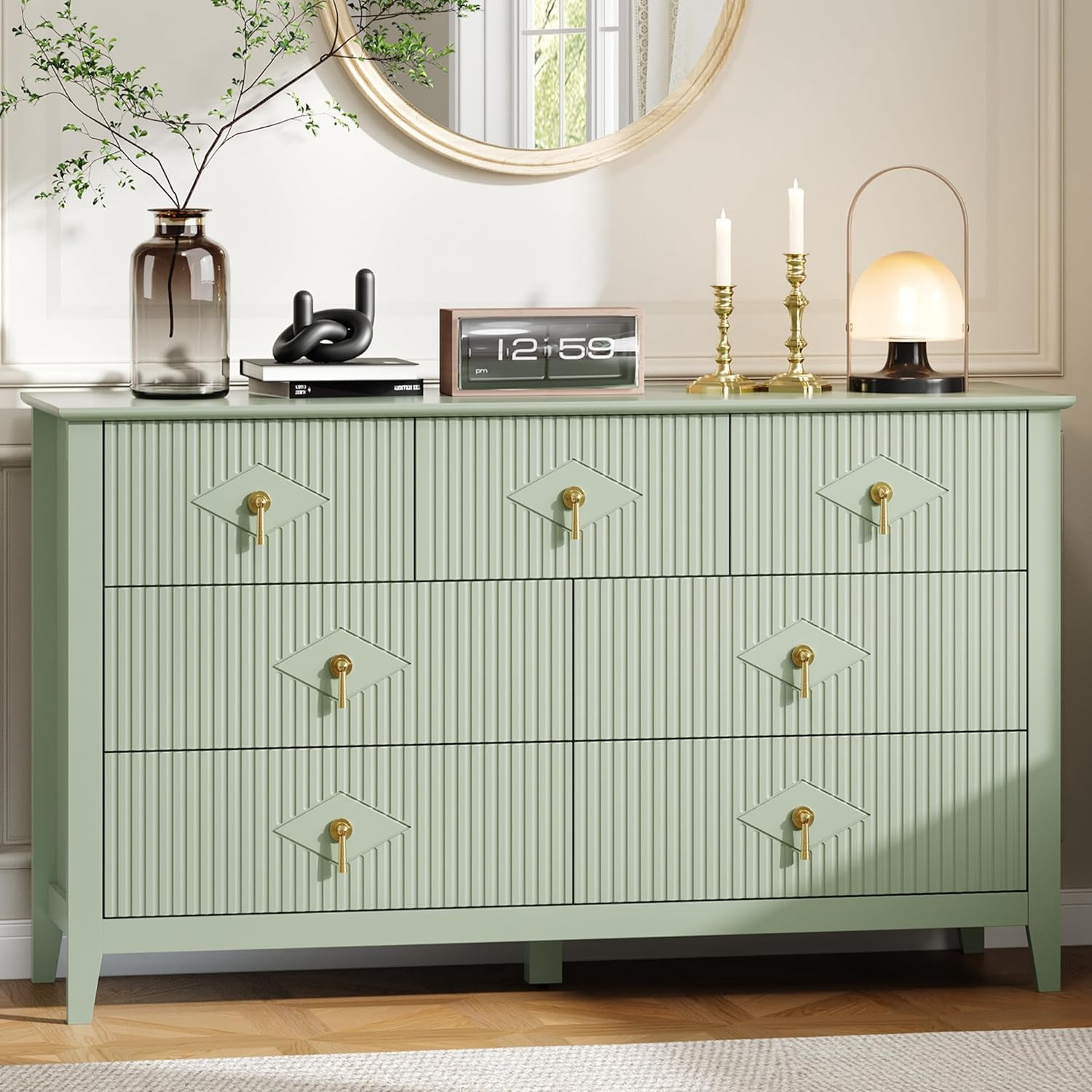 Fluted 54-Inch Wide 7-Drawer Dresser – Modern Green Wood Chest of ...