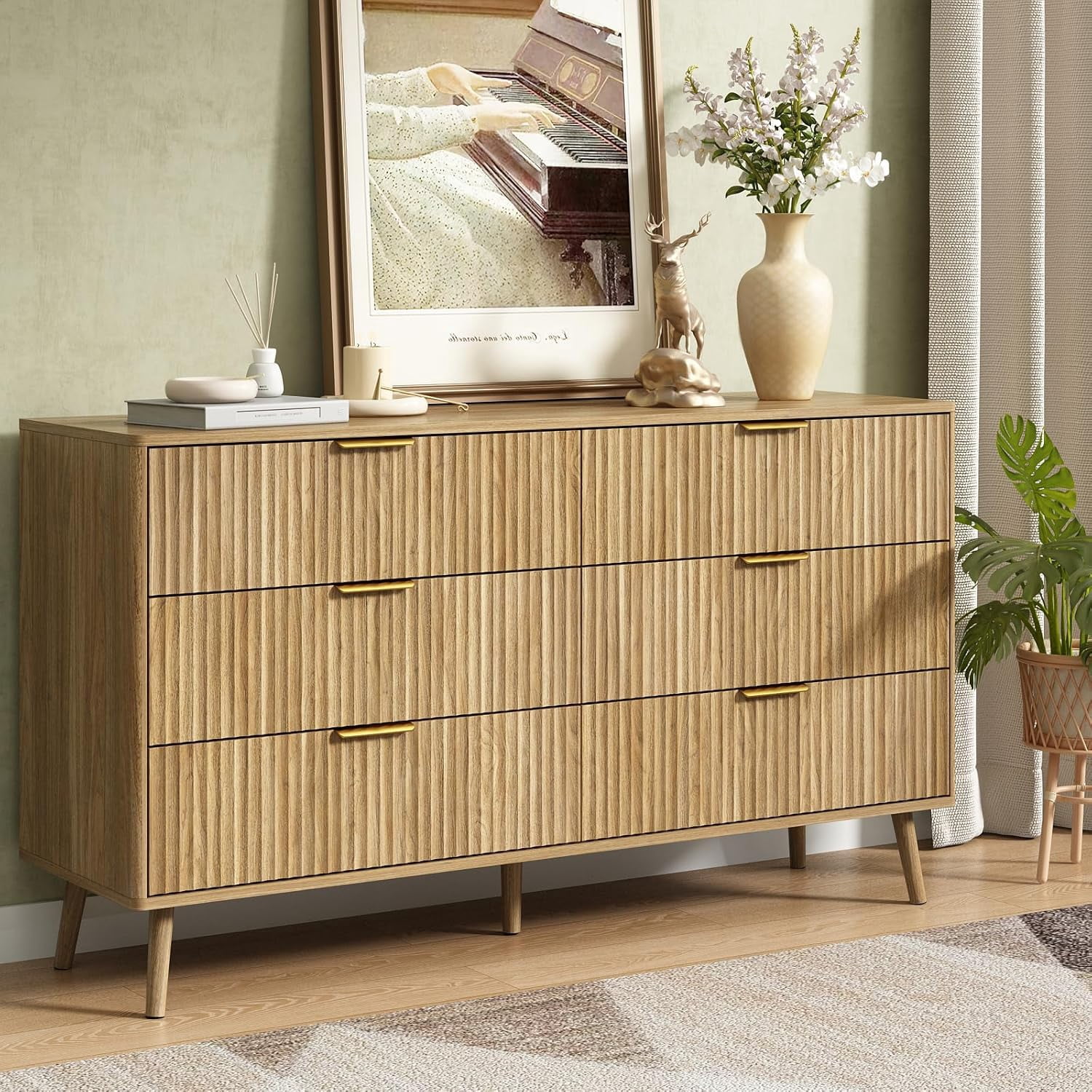 Fluted 6 Double Drawers Dresser for Bedroom, 55”Wide Modern Chest of ...
