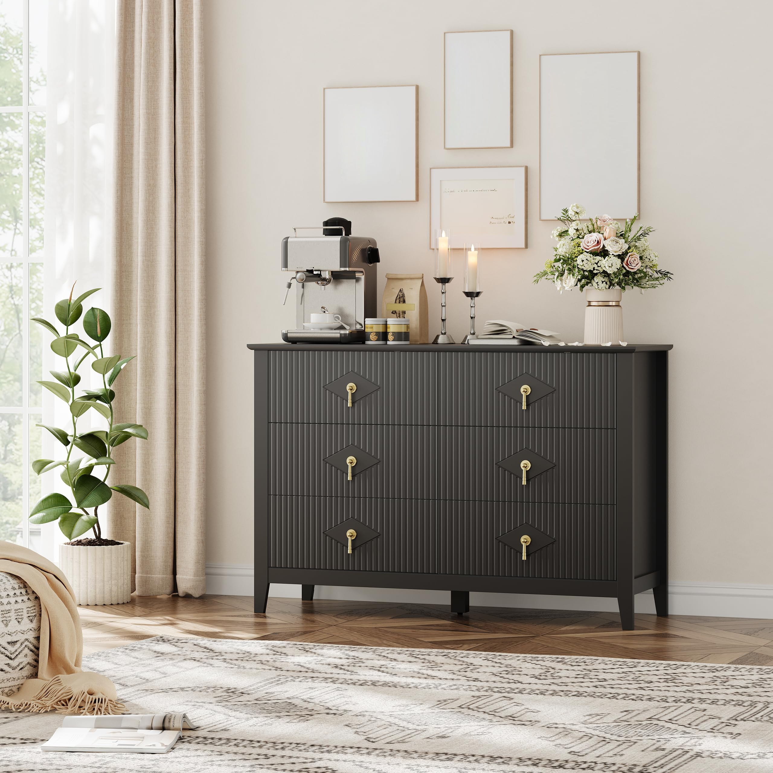 Fluted 6 Drawer Dresser,47" Wide Wooden Chest of Drawers,Mid-Century ...