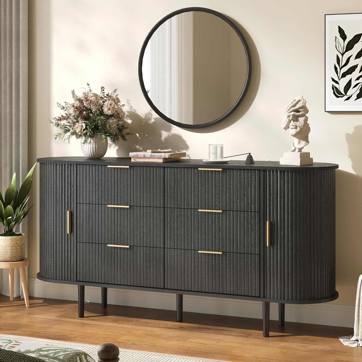 Fluted 6 Drawer Dresser, 63" Wide Modern Chest of Drawers with Gold ...