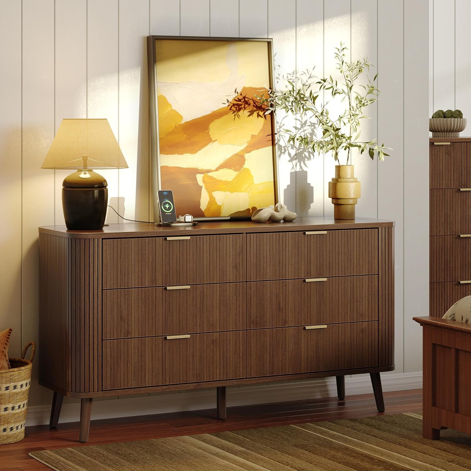 Fluted 6 Drawer Dresser with Charging, 57" Wide Wood Dresser TV Stand ...