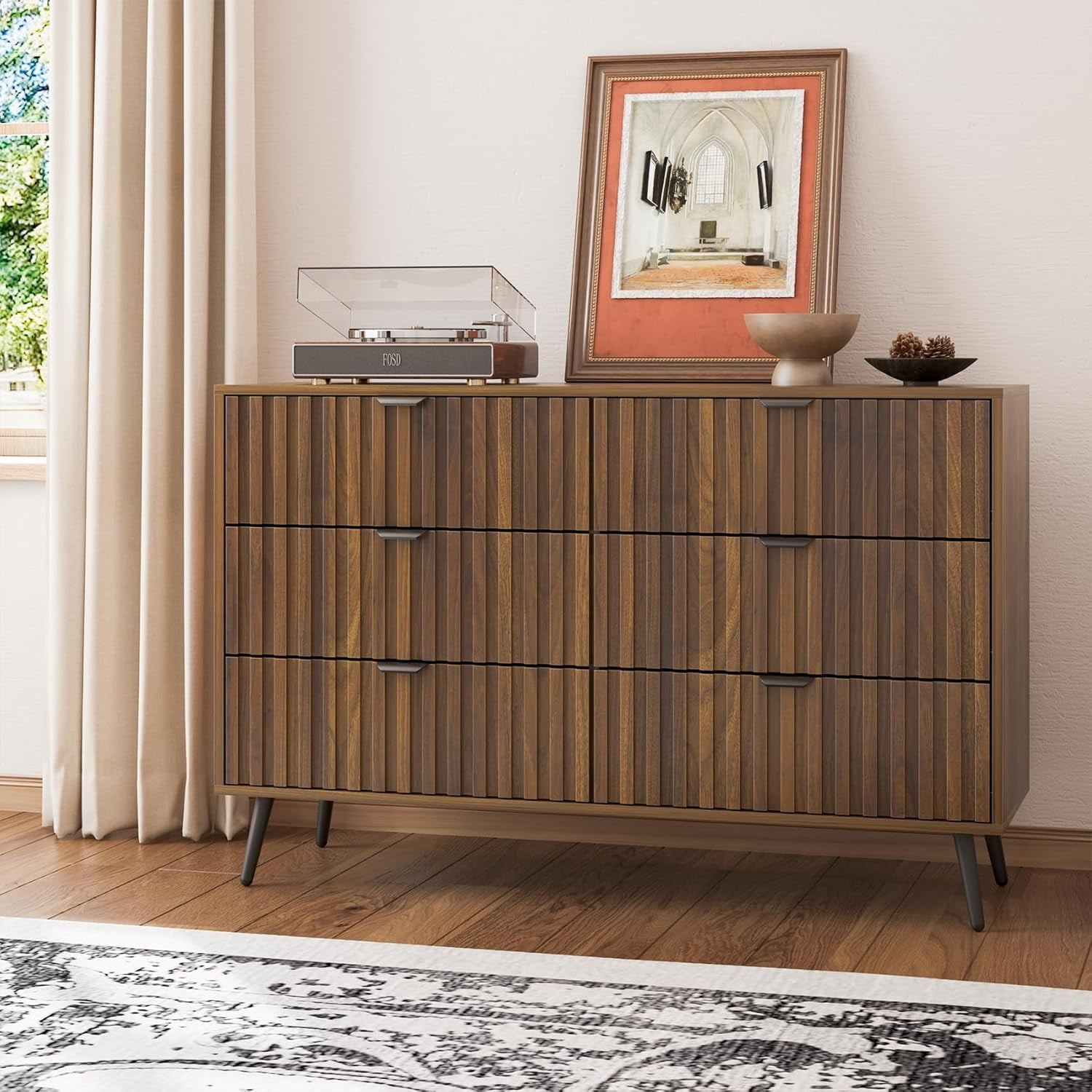 Fluted 6 Drawers Dresser, 47.24" W Modern Chest of Drawers,Wood ...