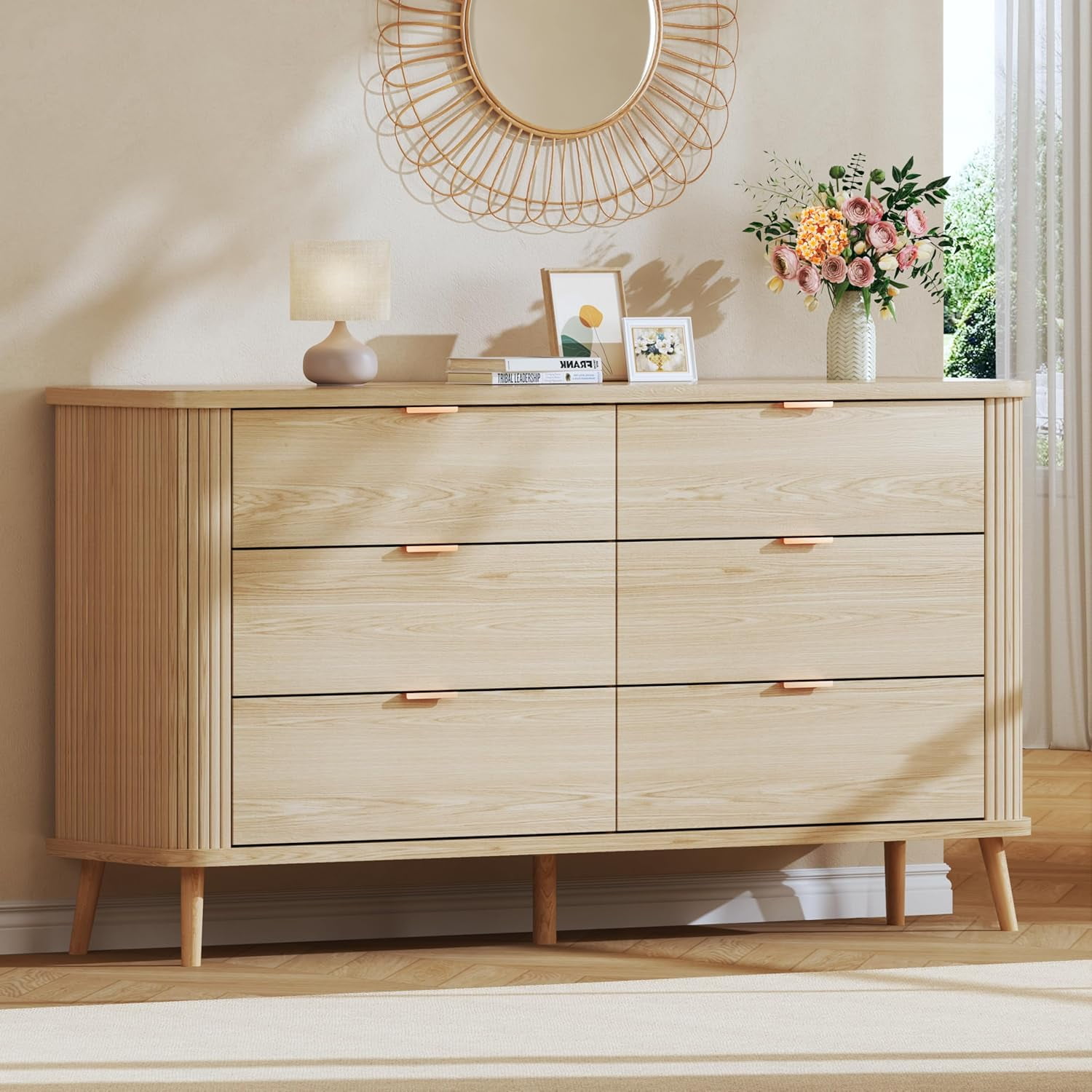 Fluted 6 Drawers Dresser for Bedroom, 55" Mid Century Modern Dresser ...