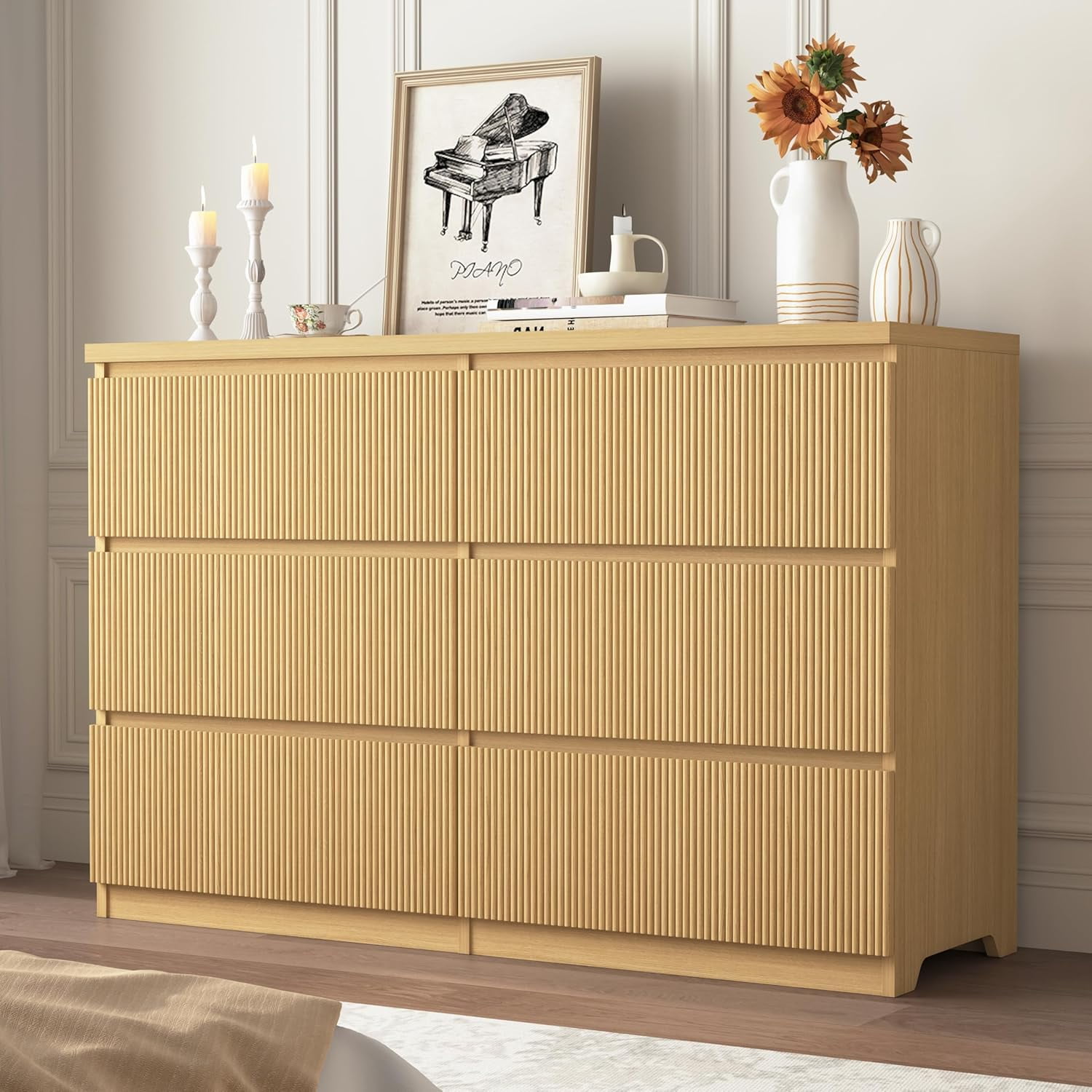 Fluted 6 Drawers Dresser, Wide Modern Chest of Drawers, Curved Profile ...