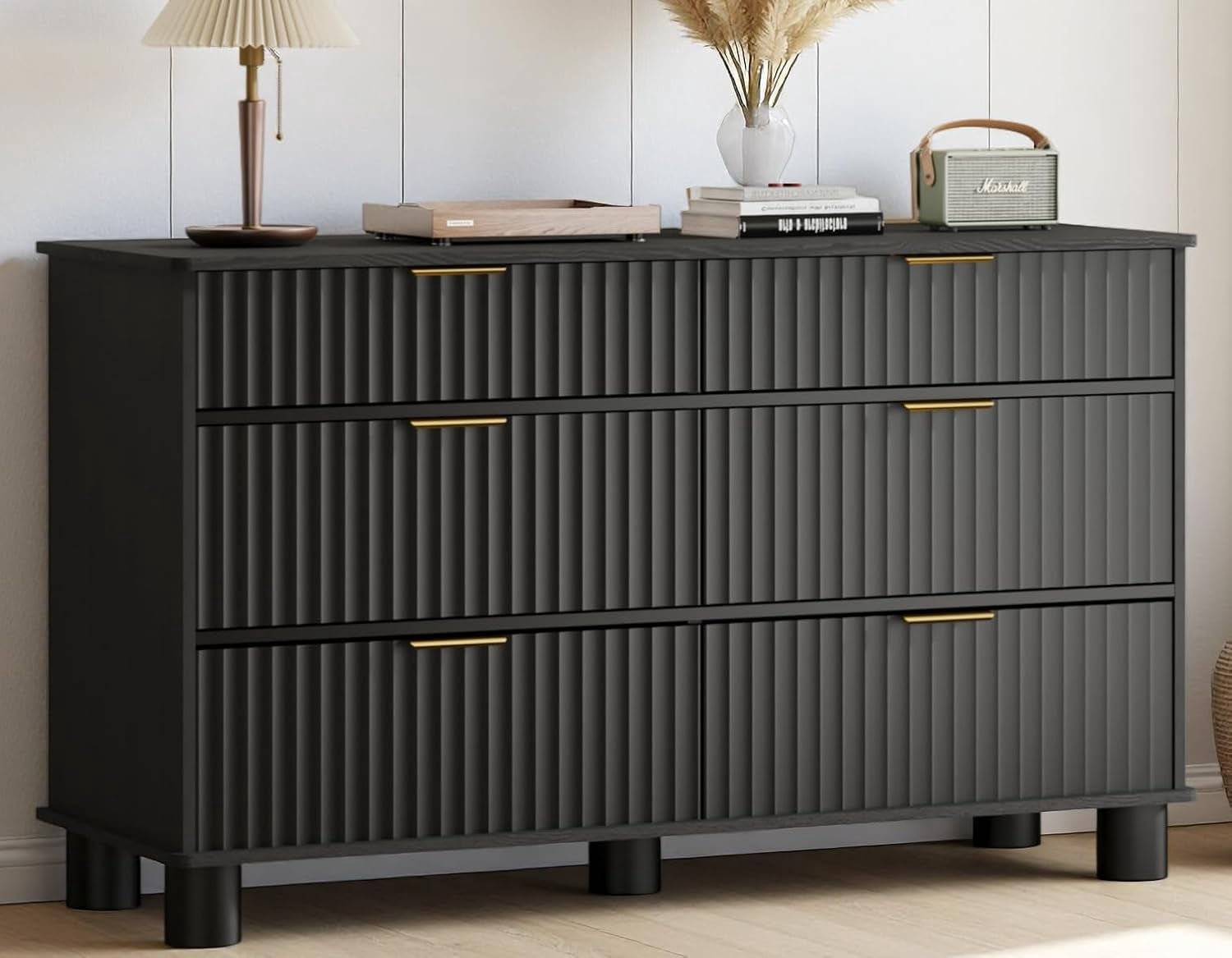 Fluted 6 Drawers Dresser for Bedroom, 53" Wide Black Dressers TV Stand ...