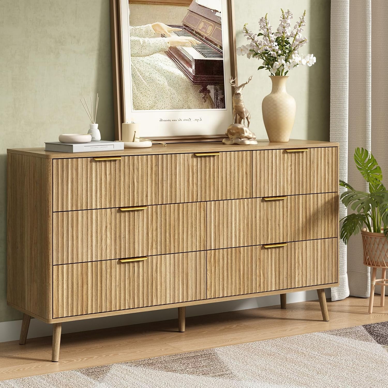 Fluted 7 Double Drawers Dresser for Bedroom, 55”Wide Modern Chest of ...