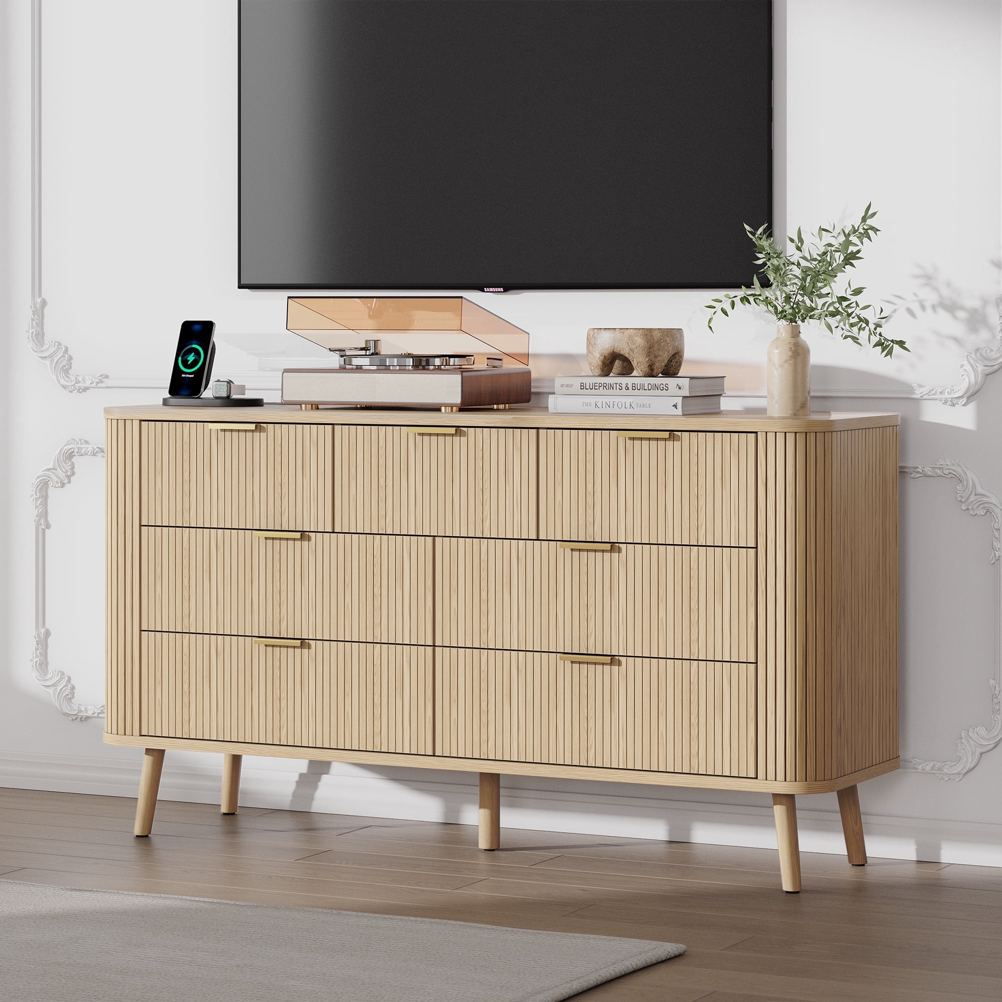 Fluted 7 Drawers Dresser with USB Charging Station, 57" Mid-Century ...