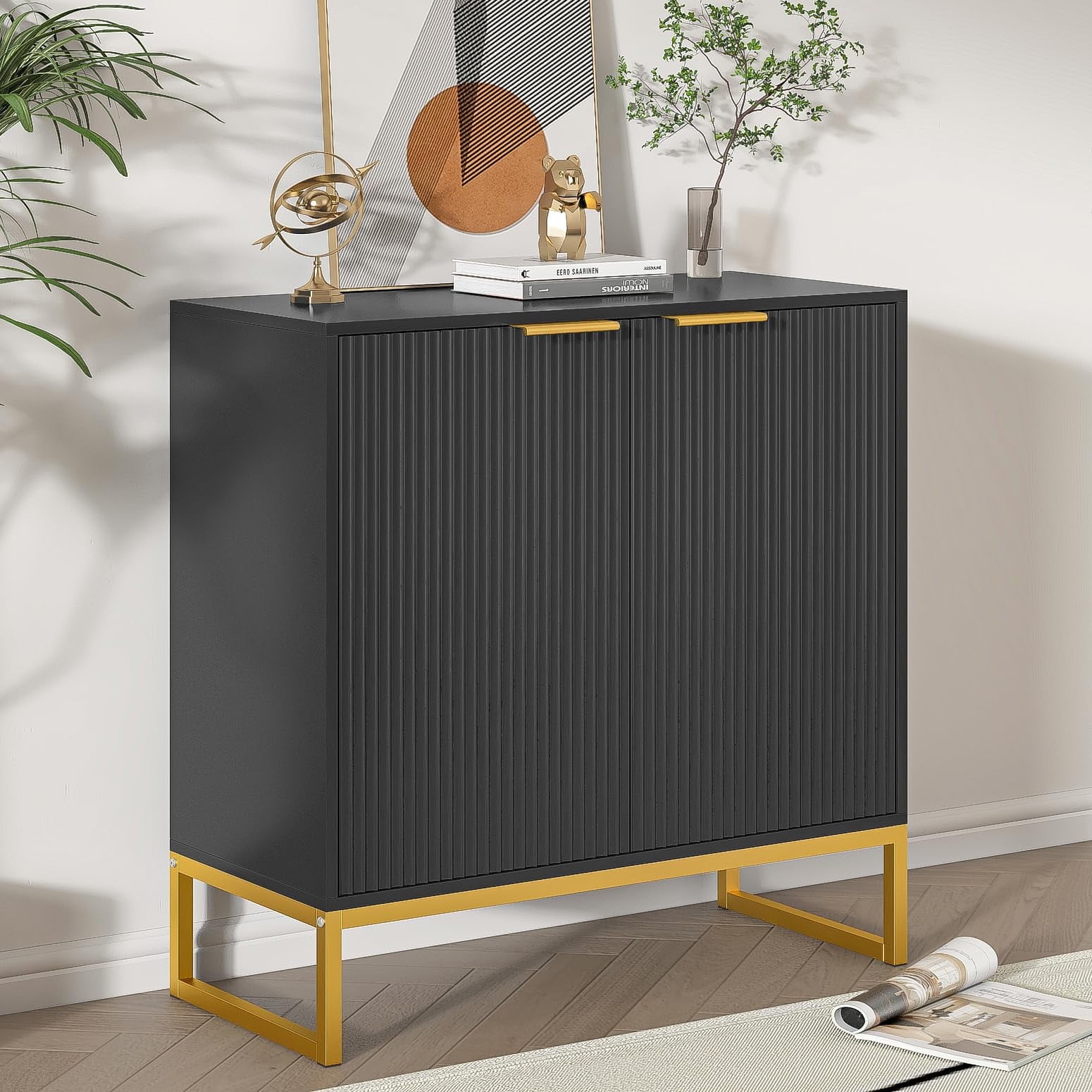 Fluted Cabinet with Storage, 2 Doors Sideboard Buffet Cabinet, Wooden ...