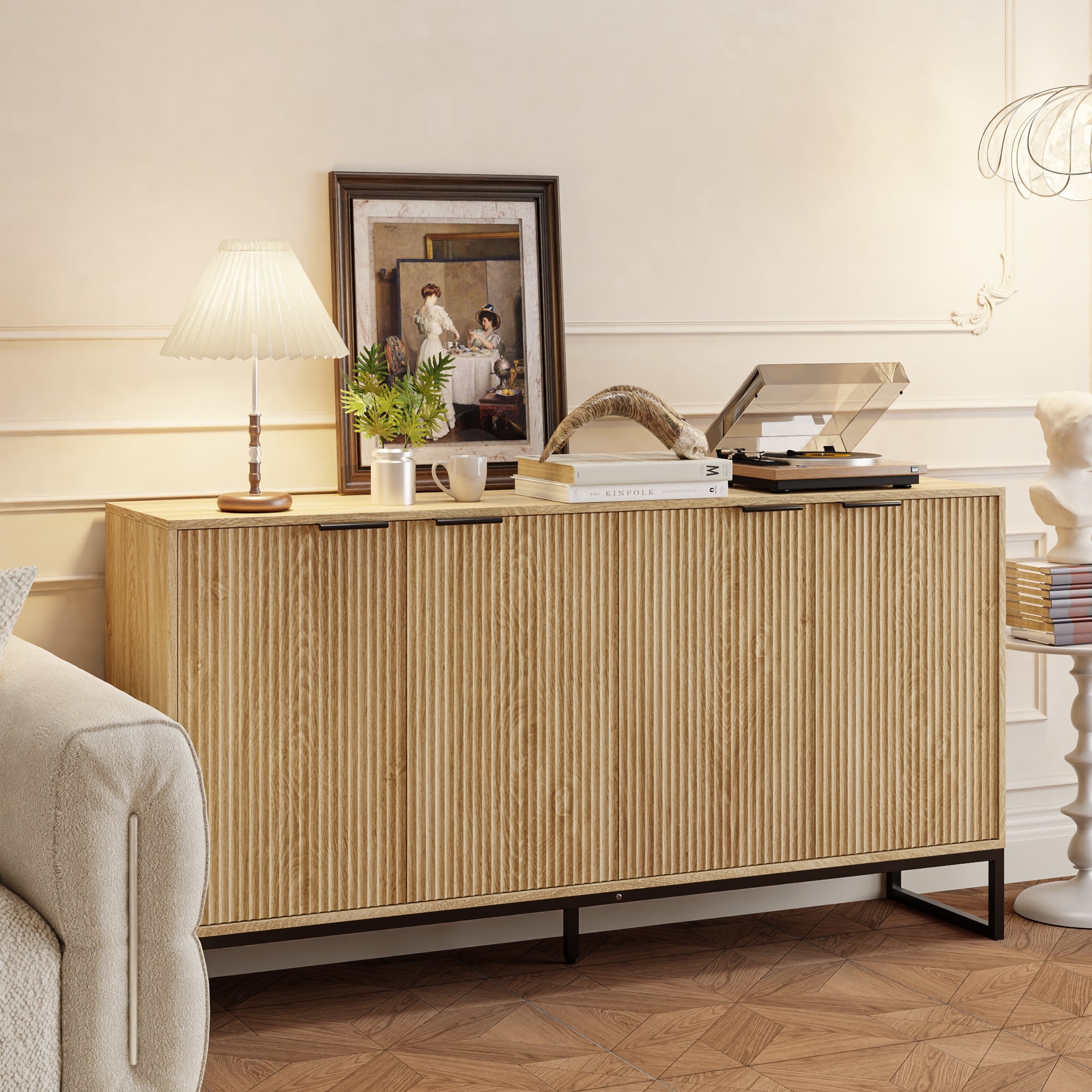 Fluted Accent Cabinet, Kitchen Sideboard Buffet Cabinet with 4 Fluted ...