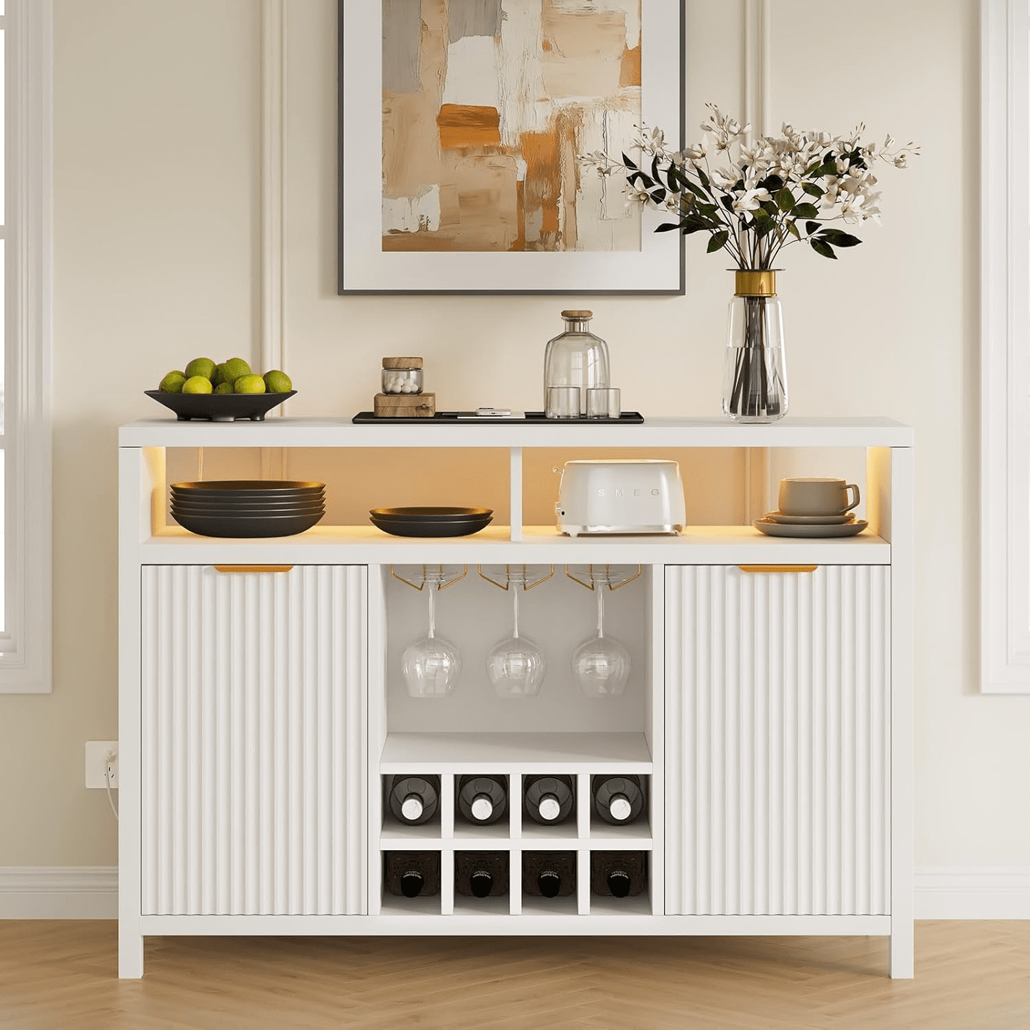 Fluted Bar Wine Cabinet with LED Light Charging Station - Buffet ...