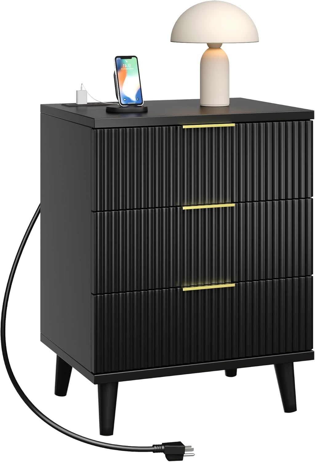 Fluted Black Nightstand with USB Charging Station, 3-Drawer Dresser ...