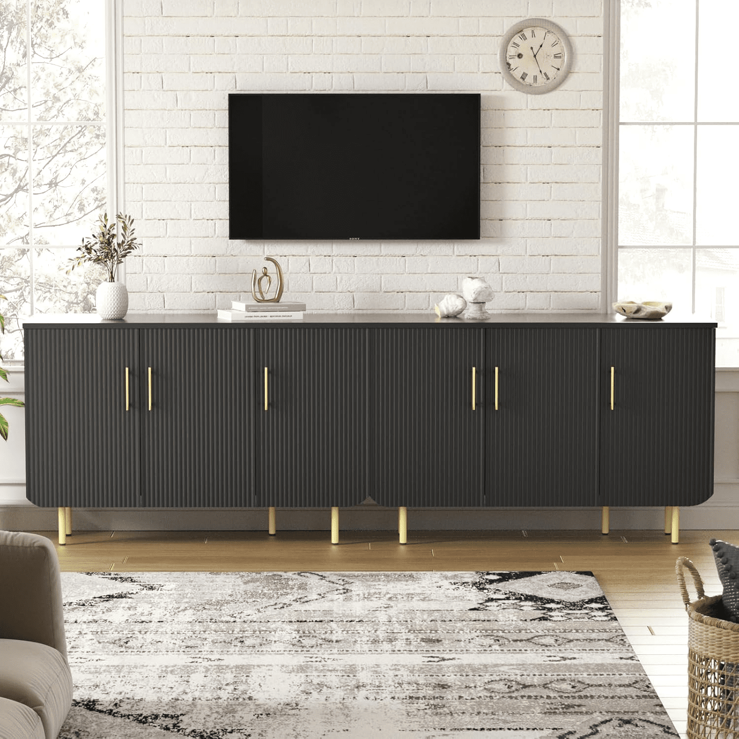 Fluted Black Storage Cabinet with 2 Doors Adjustable Shelves and Metal ...