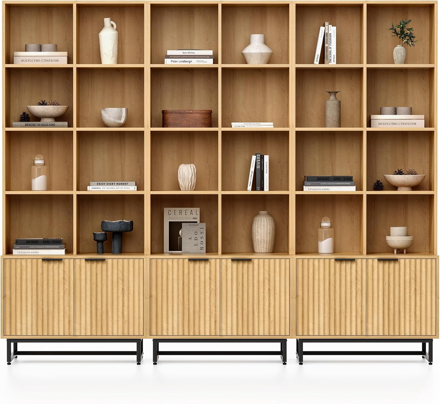Fluted Bookshelf with Doors 71'' Tall Bookcase 6 Tier Display Cabient ...