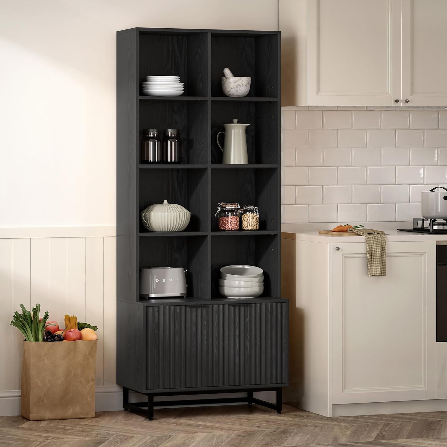 Fluted Bookshelf with Doors, 71'' Tall Bookcase 6 Tier Display Cabient ...