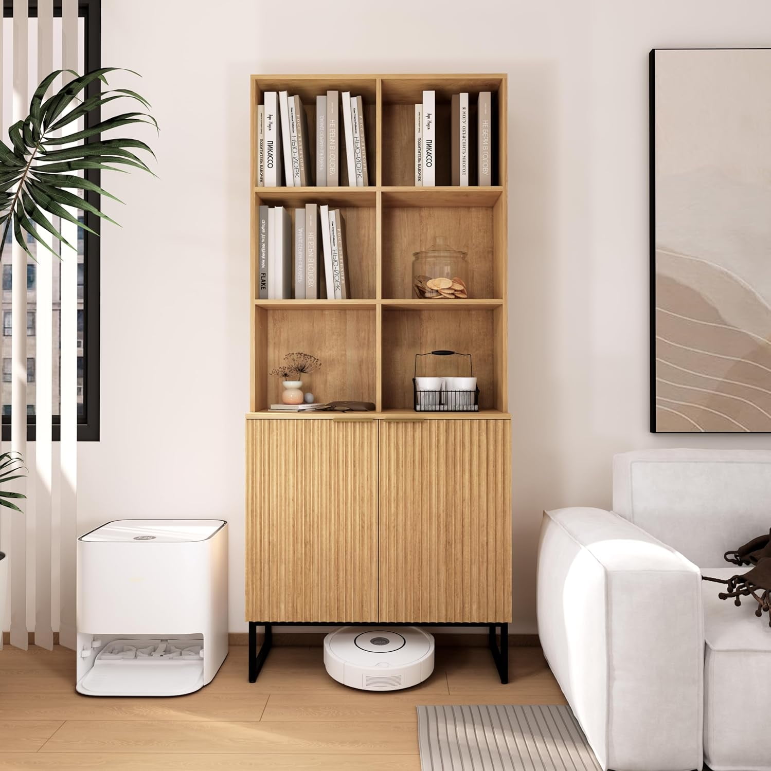 Fluted Bookshelf with Doors and Storage,3-Tier 71" Wooden Bookcase with ...