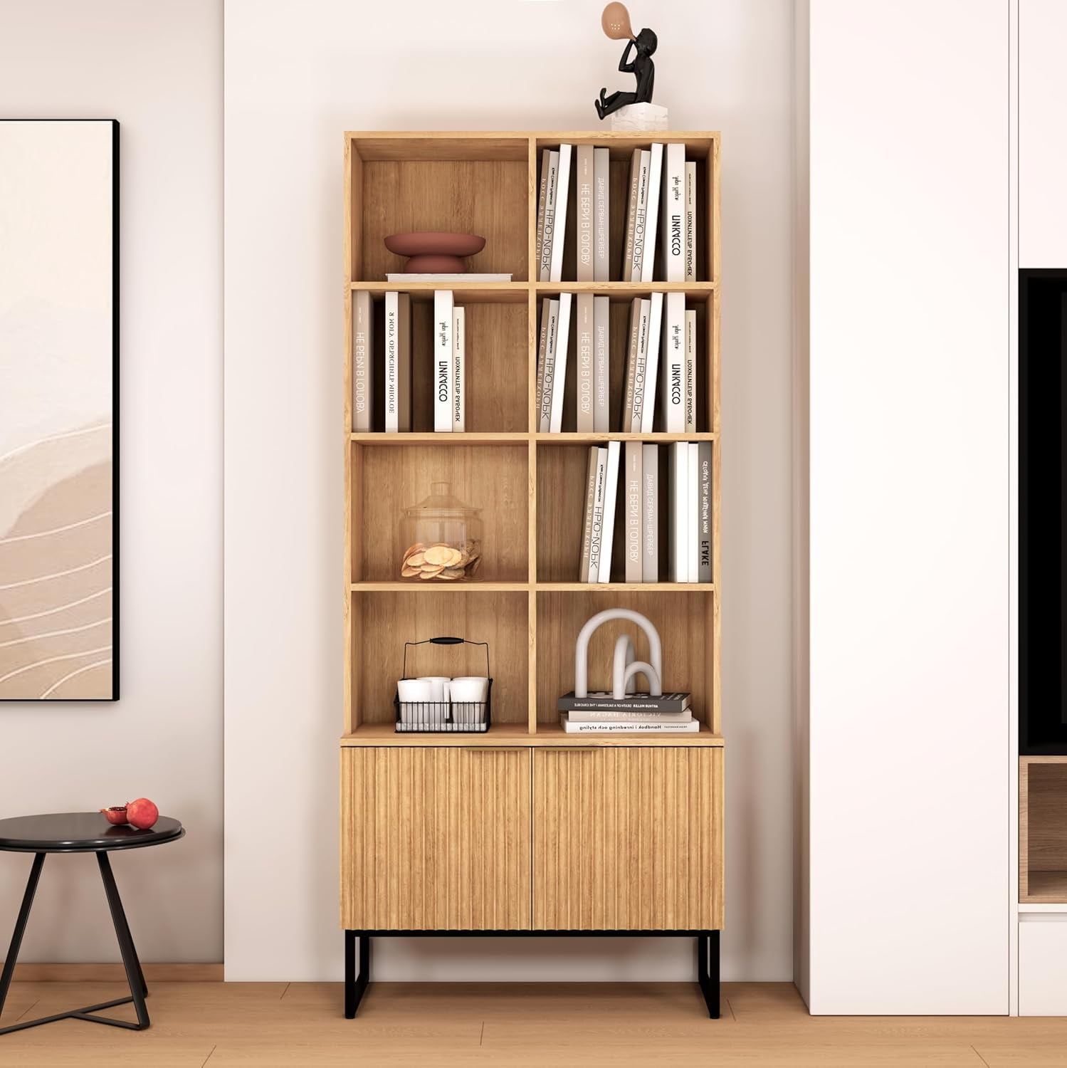 Fluted Bookshelf with Doors and Storage,4-Tier 71" Wooden Bookcase with ...