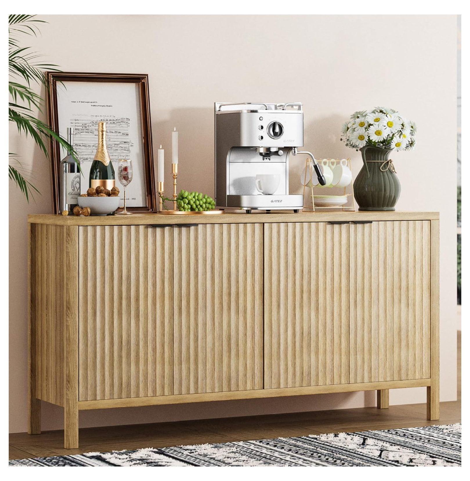 Fluted Buffet Cabinet 4 Door with Storage, Modern Accent Cabinet with Adjustable Shelves ...