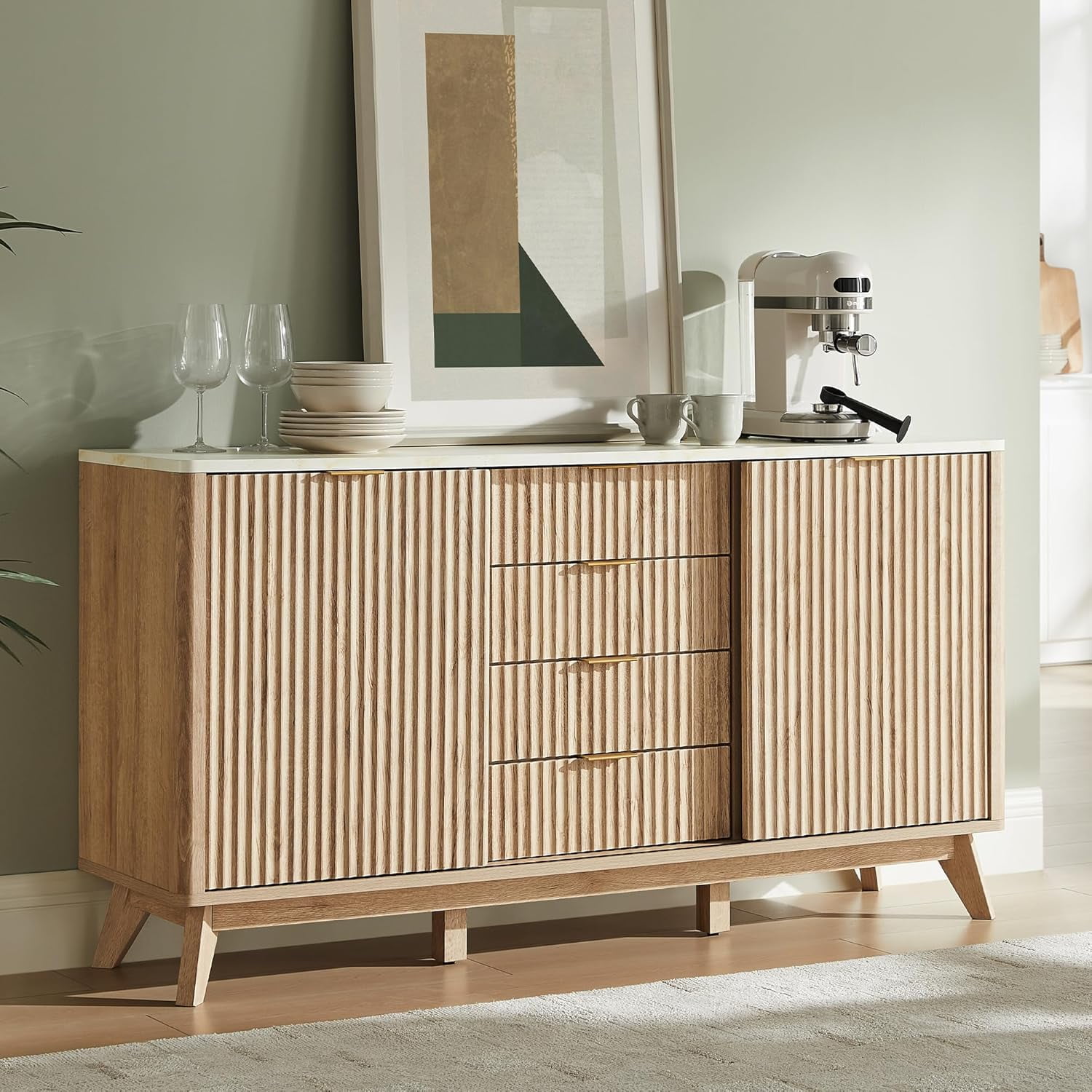 Fluted Buffet Cabinet 60" Sideboard with Sliding Doors & 4 Drawers ...