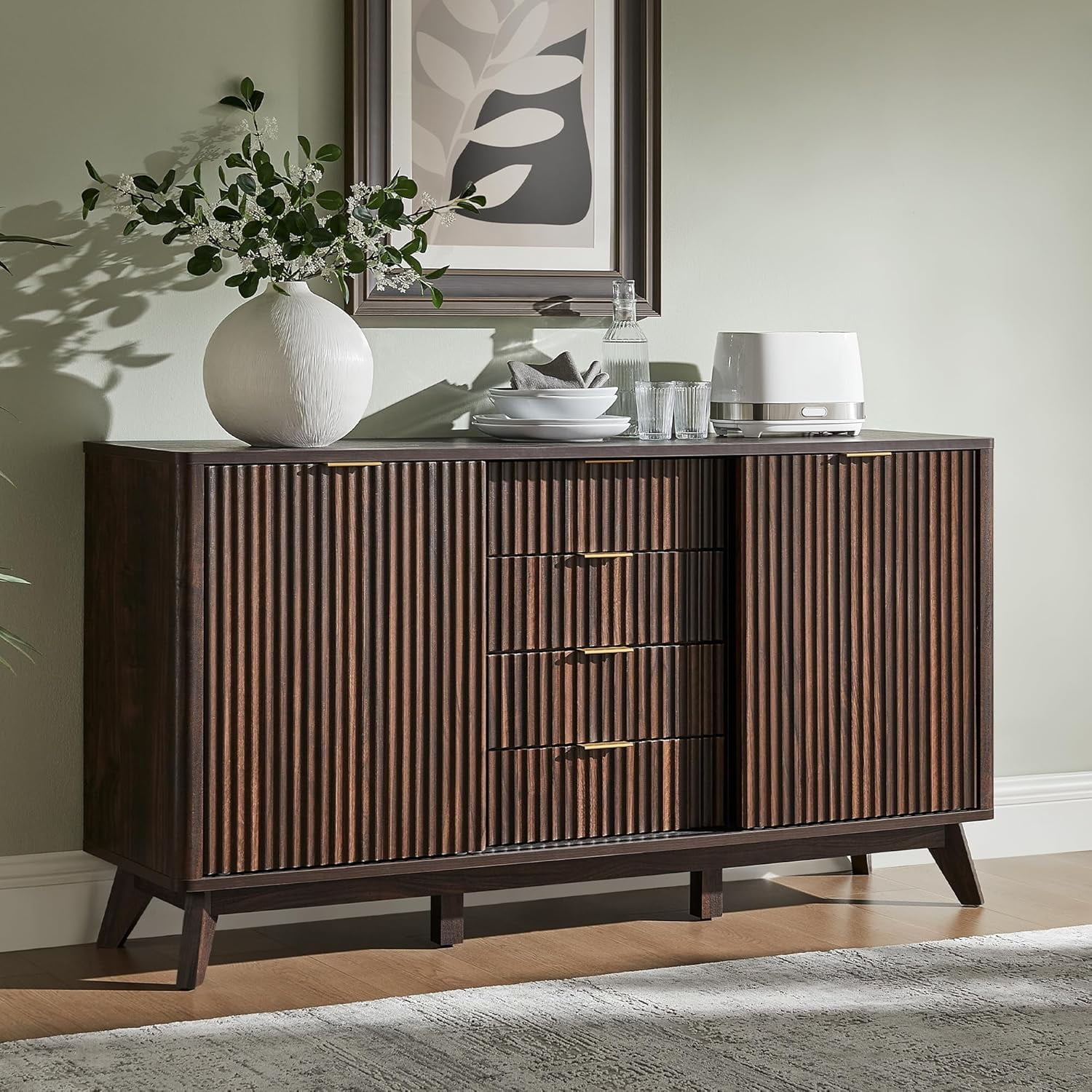 Fluted Buffet Cabinet 60" Sideboard with Sliding Doors & 4 Drawers ...
