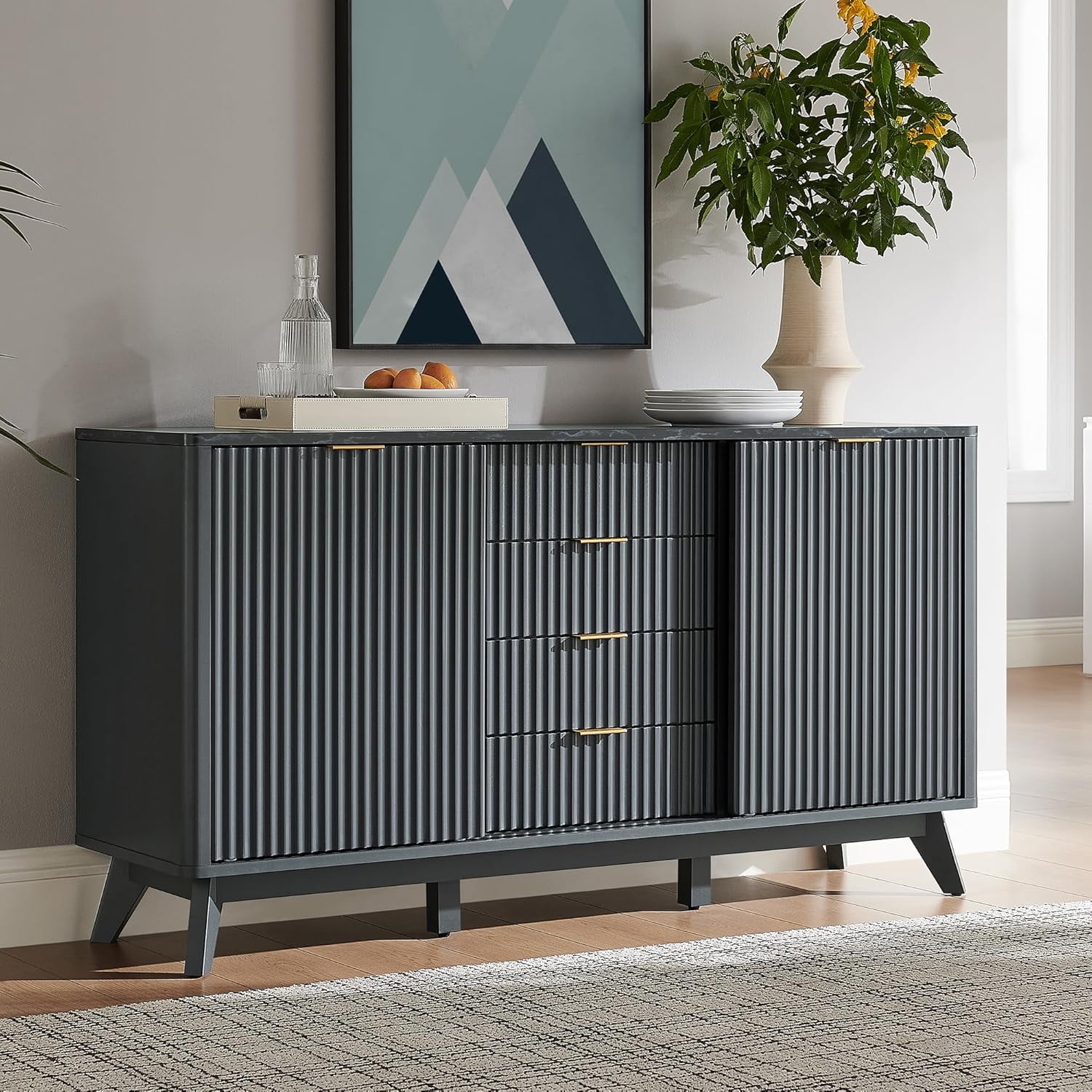 Fluted Buffet Cabinet, 60" Modern Sideboard with Sliding Doors & 4 Drawers, Coffee Bar Table ...
