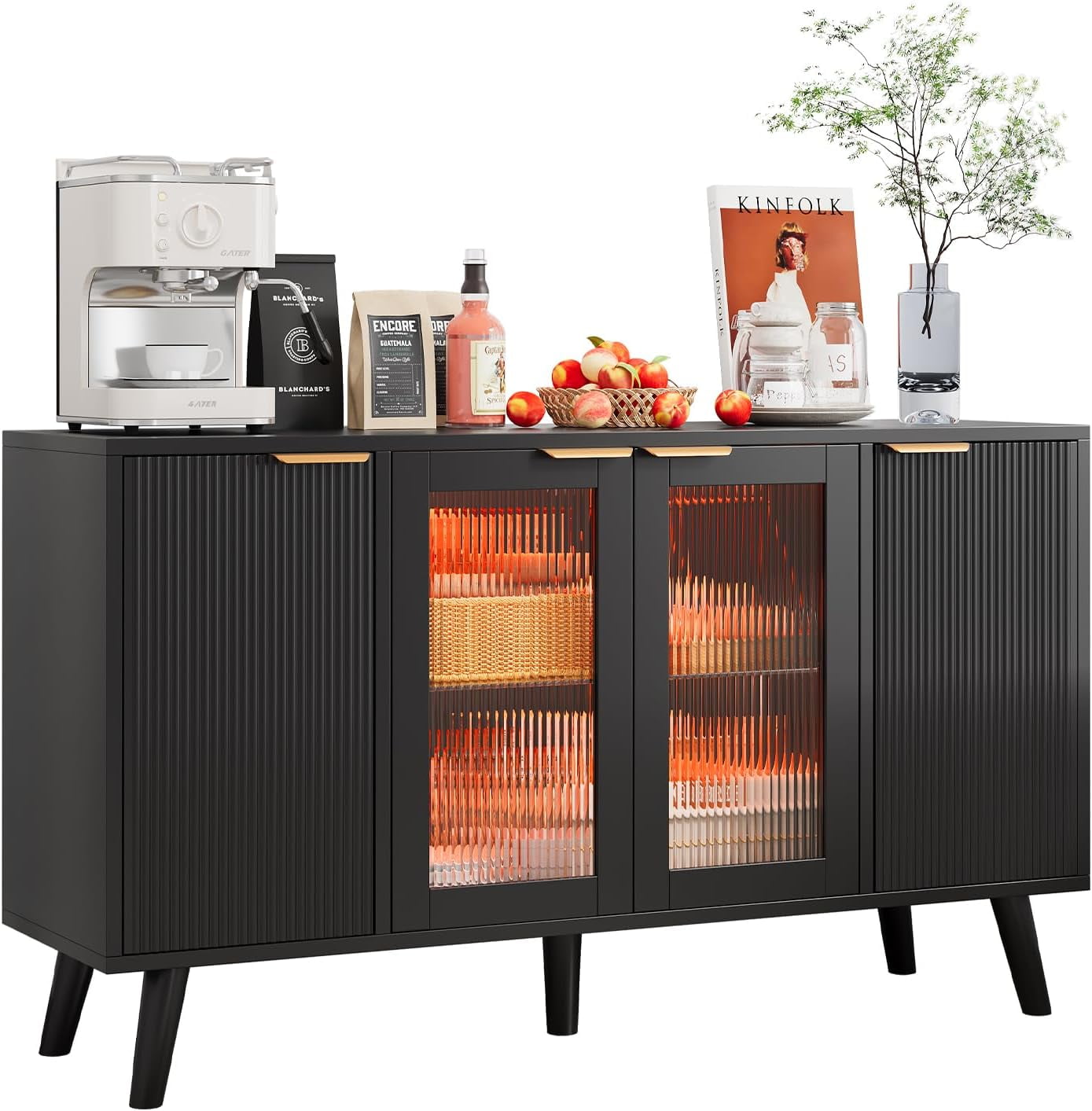 Fluted Buffet Cabinet with Storage, 55" Large Buffet Cabinet with LED ...