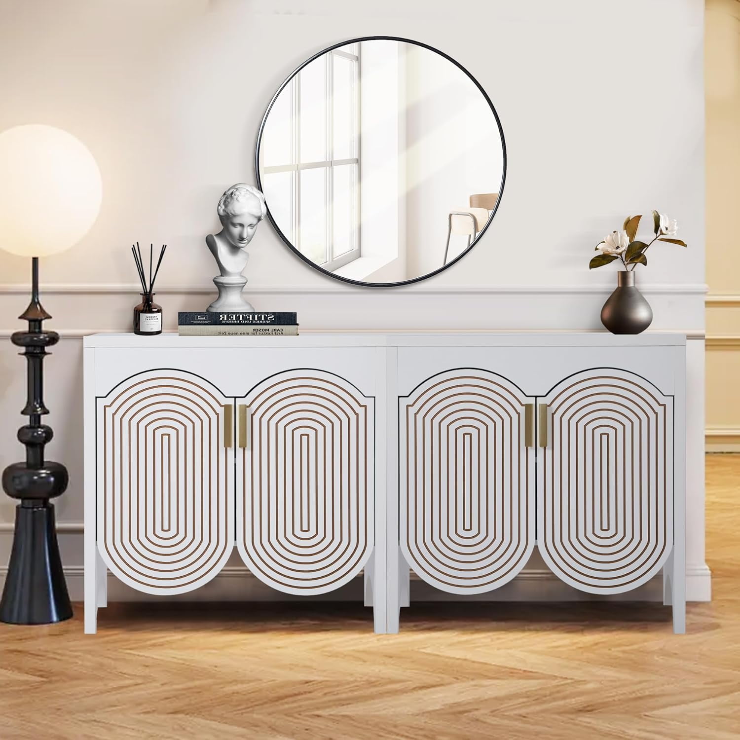 Fluted Buffet Cabinet with Storage, Sideboard Buffet with Curved Door ...