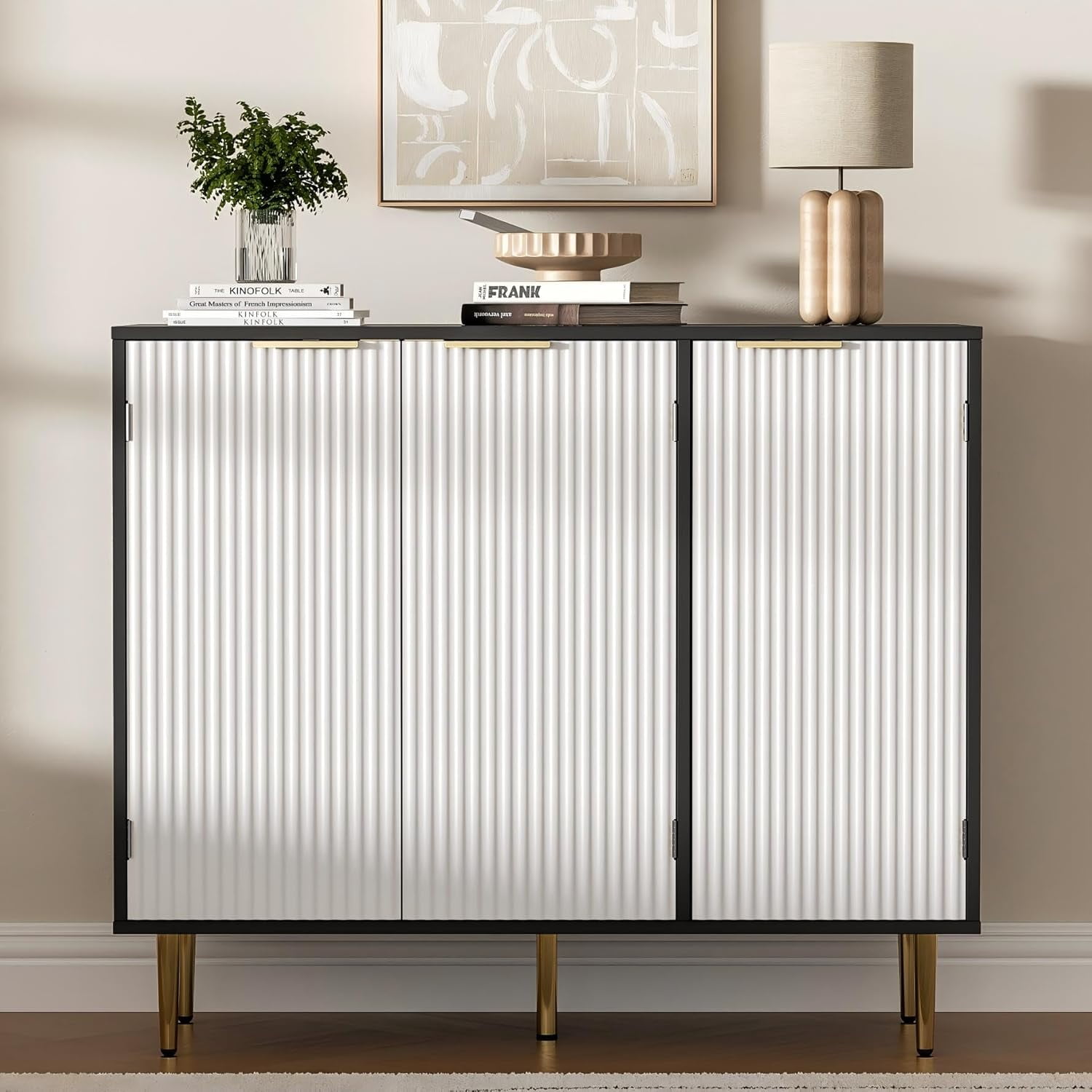 Fluted Buffet Sideboard with 3 Doors, Modern Accent Cabinet with ...