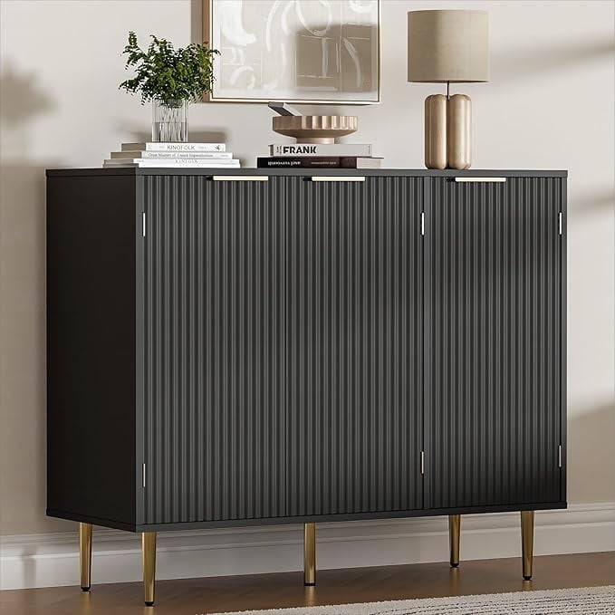 Fluted Buffet Sideboard with 3 Doors, Modern Accent Cabinet with ...