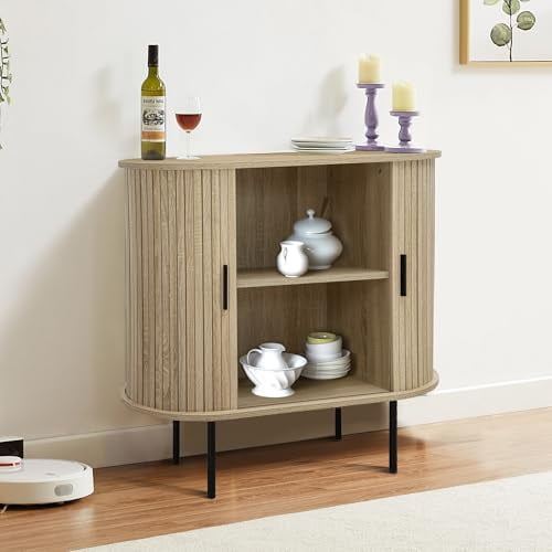 Fluted Buffet Sideboard Cabinet with Sliding Tambour Doors,Accent Oval Curved Storage Cabinet,31 ...