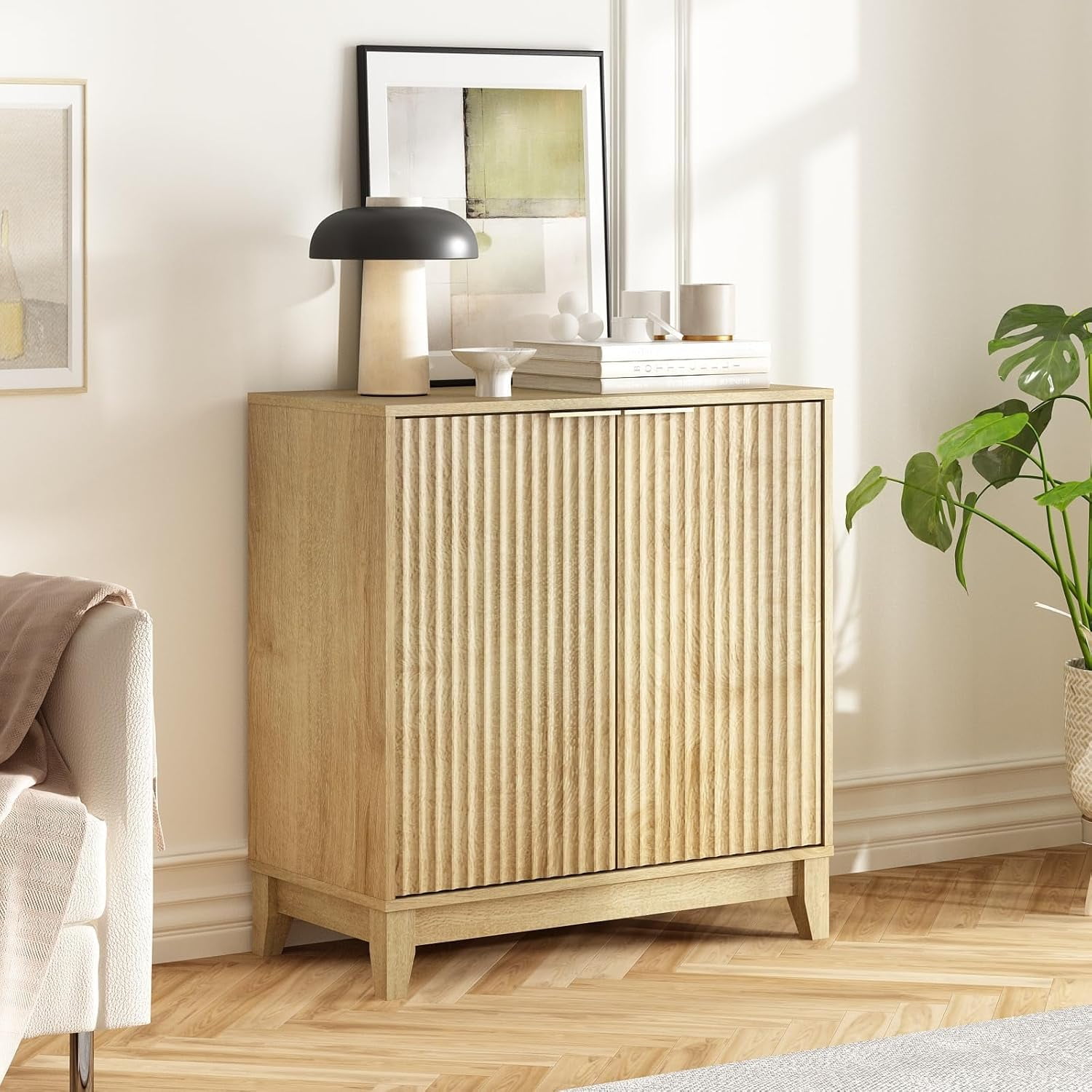 Fluted Buffet Sideboard Cabinet Wooden Storage Cabinet with 2 Doors and Adjustable Shelves ...