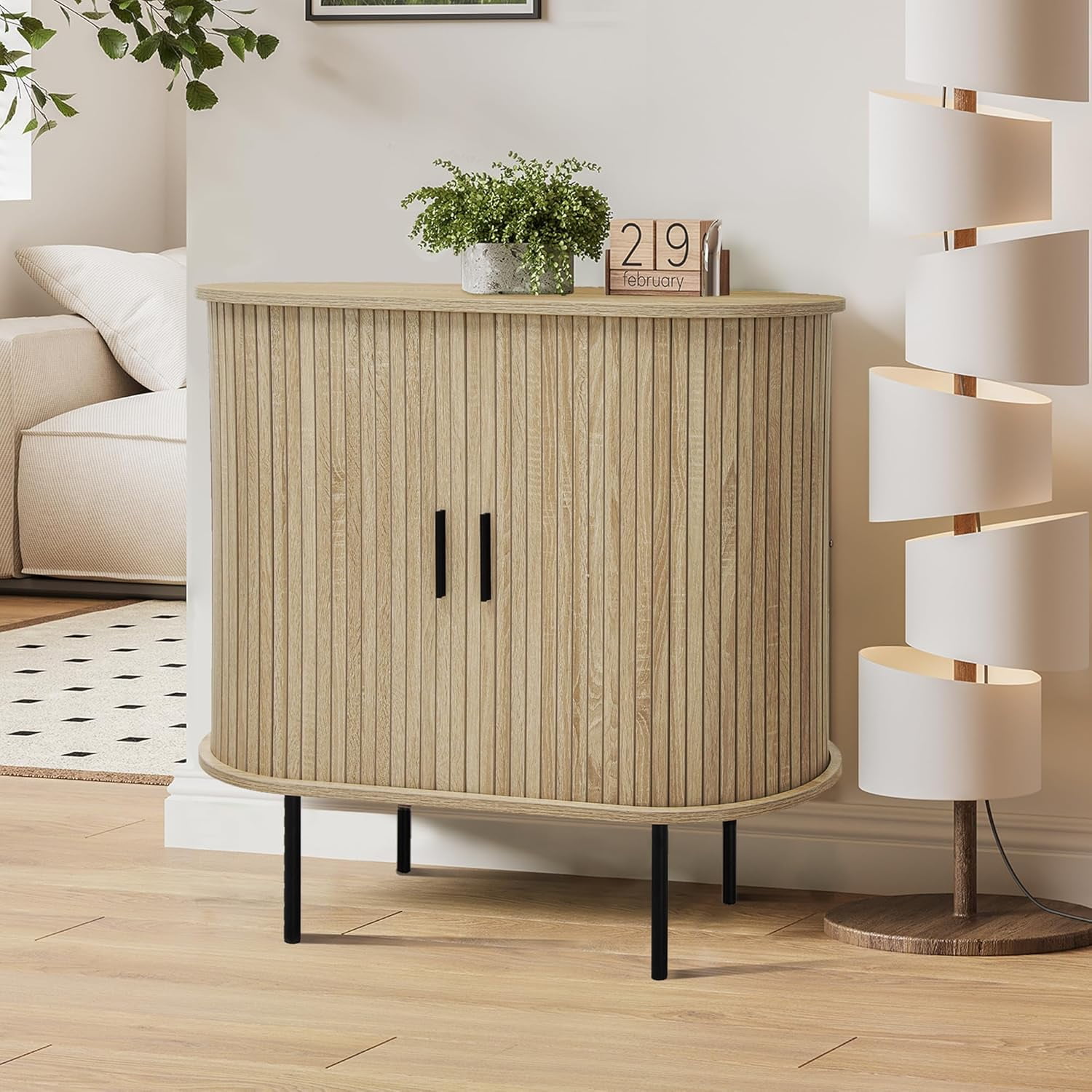 Fluted Buffet Sideboard Cabinet with Sliding Tambour Doors Accent Oval ...