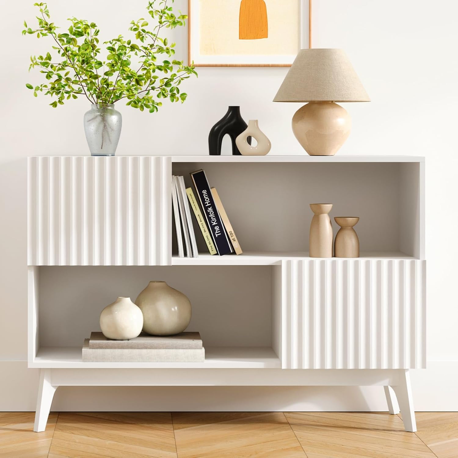 Fluted Buffet Sideboard Walnut Storage Cabinet with Storage Accent Cabinet with Solid Wood Legs ...