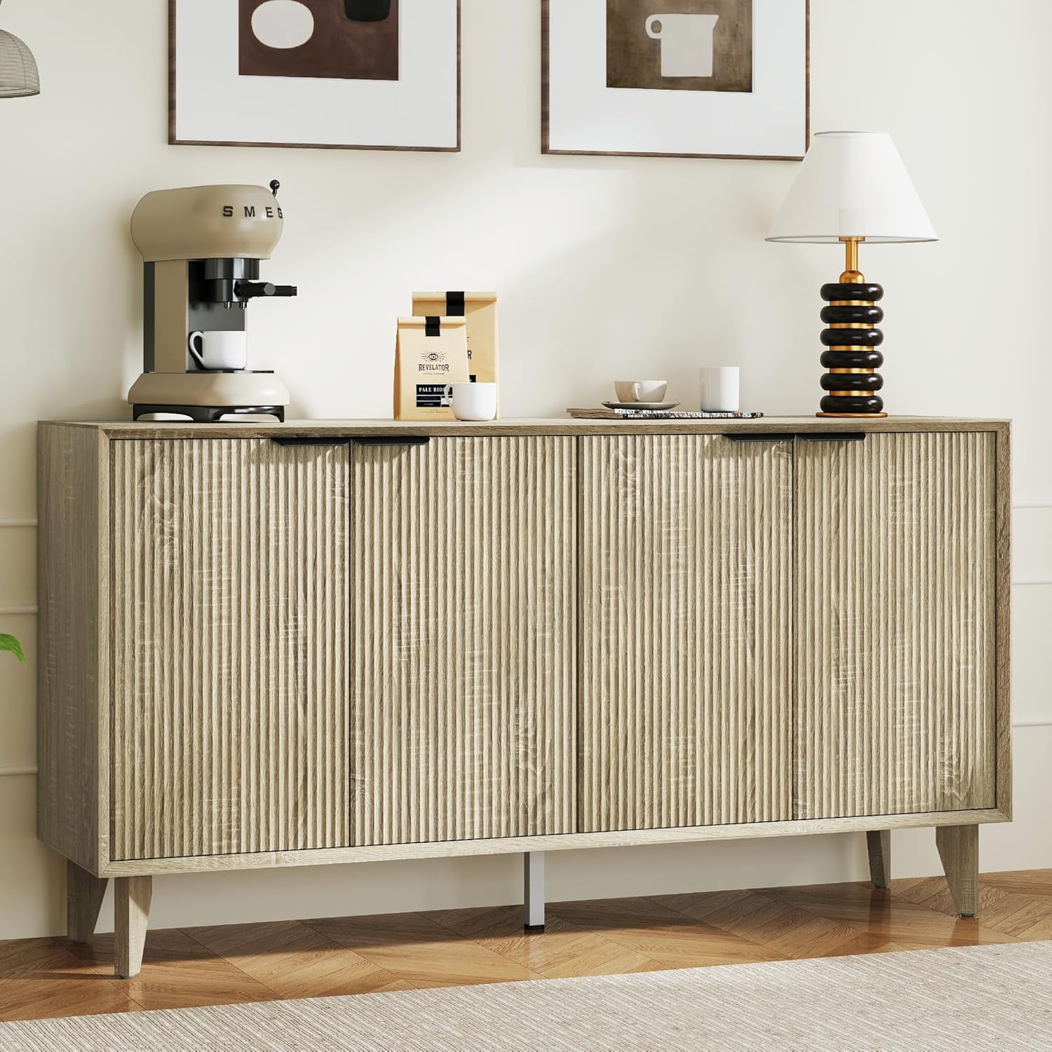 Fluted Cabinet with Storage, Buffet Sideborad with 4 Doors, Kitchen Buffet Storage Accent ...