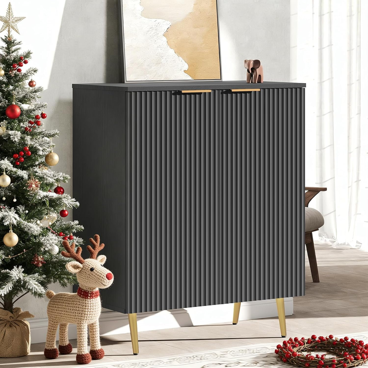 Fluted Cabinet with Storage, Wooden Unique Sideboard Buffet Cabinet, 2 ...