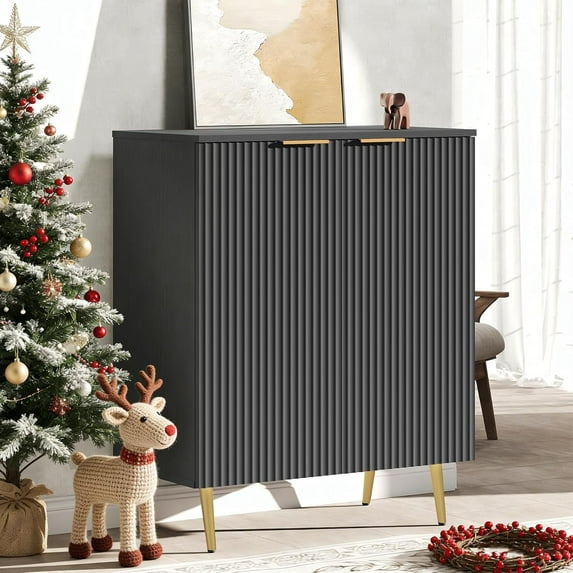 Fluted Cabinet with Storage, Wooden Unique Sideboard Buffet Cabinet, 2 ...