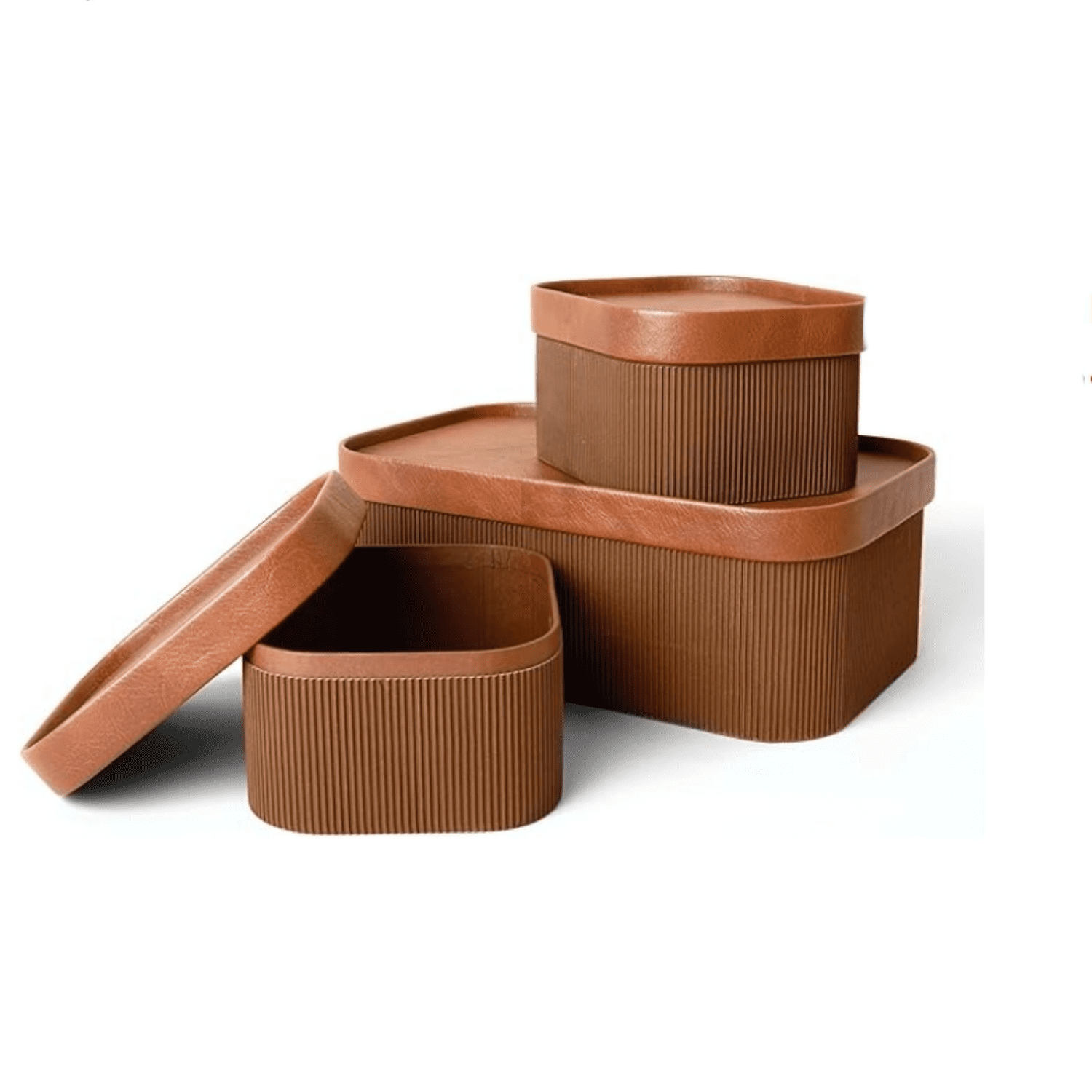 Fluted Cardboard Storage Baskets with Leather-Like Lids, Stackable ...