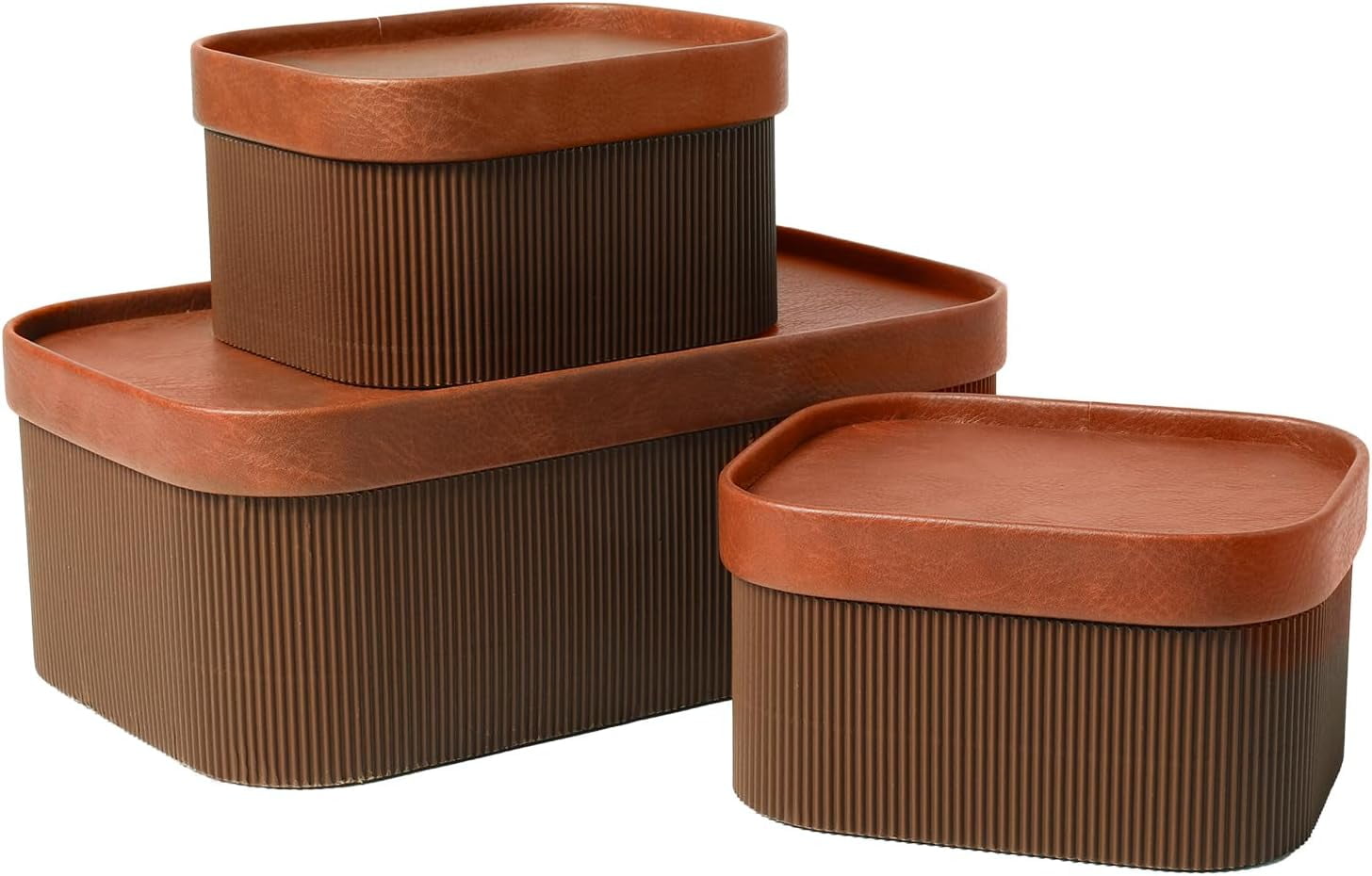 Fluted Cardboard Storage Baskets with Leather-Like Lids, Sturdy ...