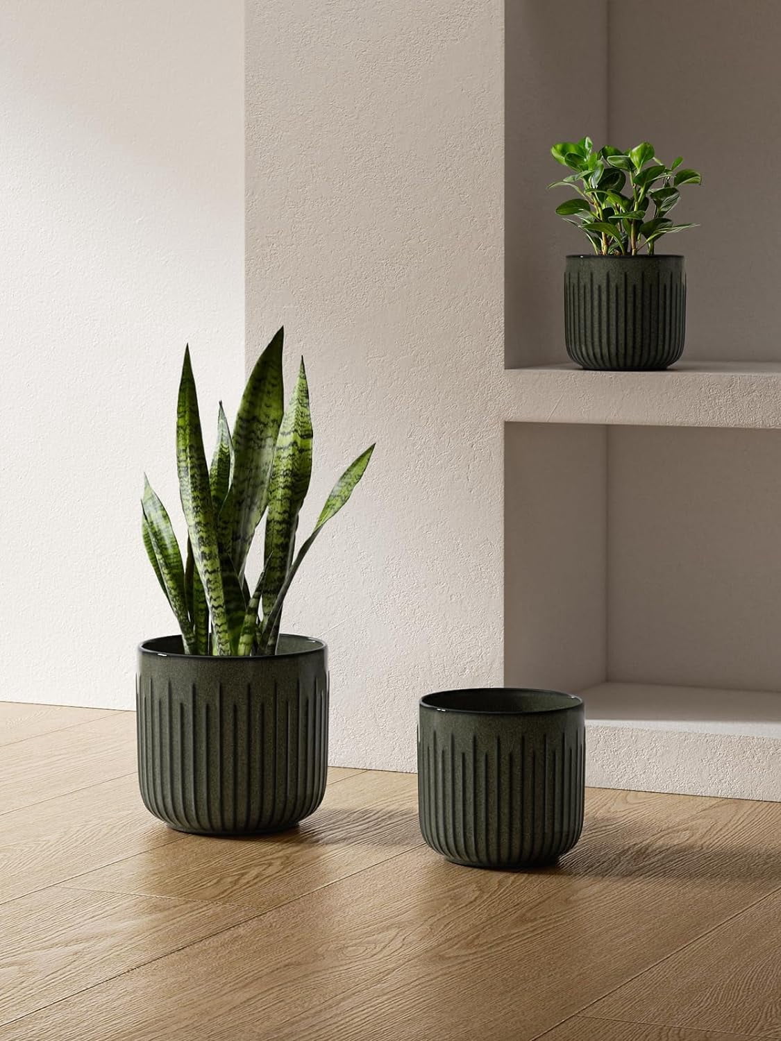 Fluted Ceramic Planters Set of 3 – 8.3/7 / 5.7 in Dark Olive Reactive ...