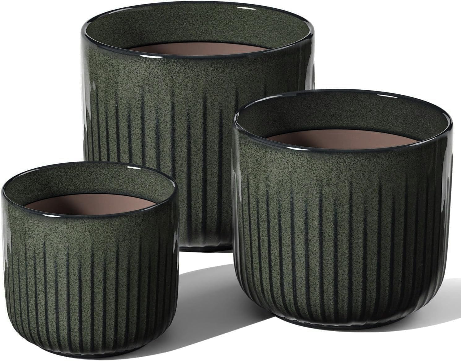 Fluted Ceramic Planters Set of 3 – 8.3/7 / 5.7 in Dark Olive Reactive ...
