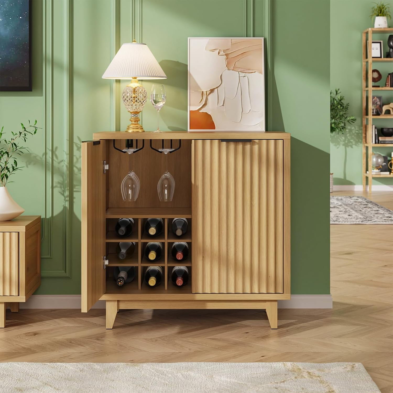 Fluted Coffee Bar Cabinet with Storage, Modern Sideboard Buffet Cabinet with Removable Wine Rack ...