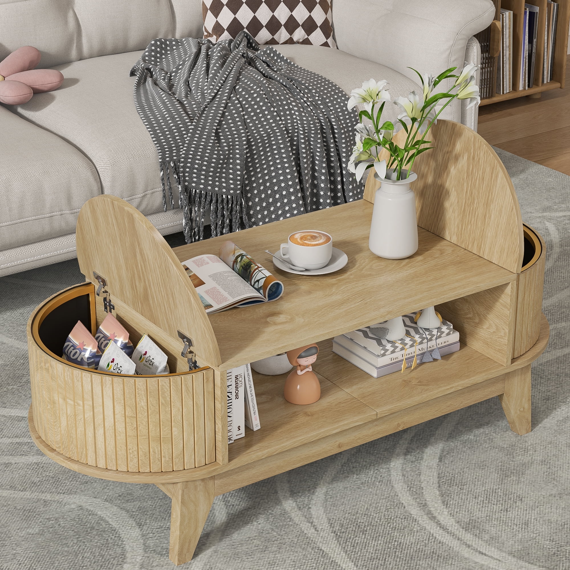 Fluted Coffee Table with Storage, Modern Coffee Tables, Wood Accent ...