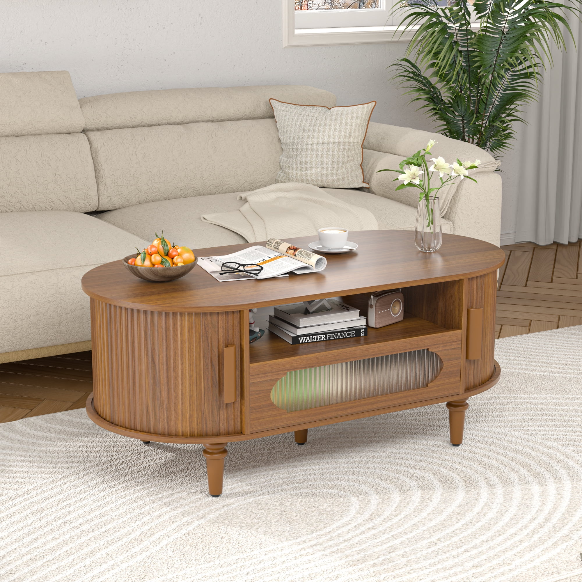 Fluted Coffee Table with Storage, Oval Coffee Table with Drawer&Sliding ...