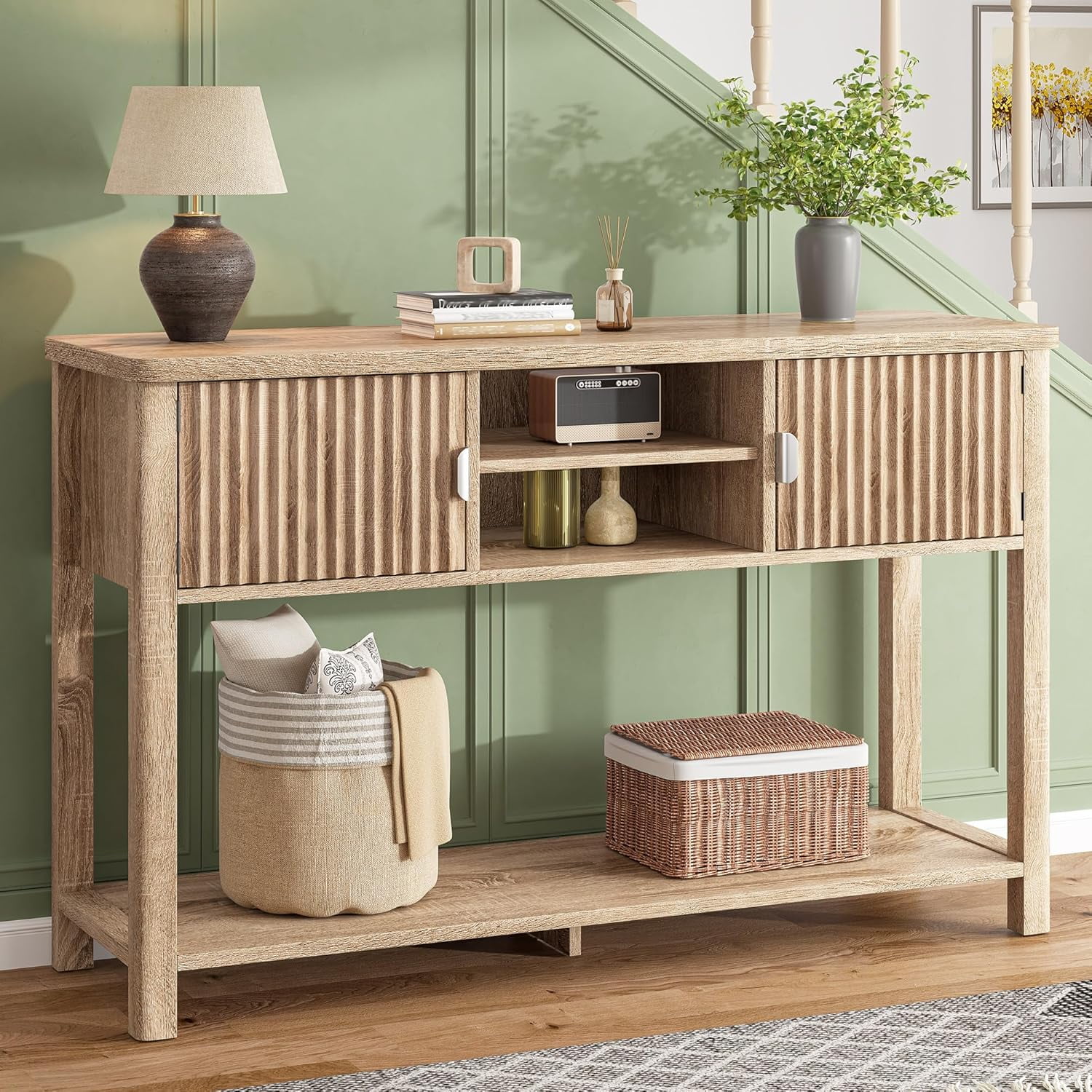 Fluted Console Table with 2 Door Cabinets, Modern Entryway Table with 3 ...
