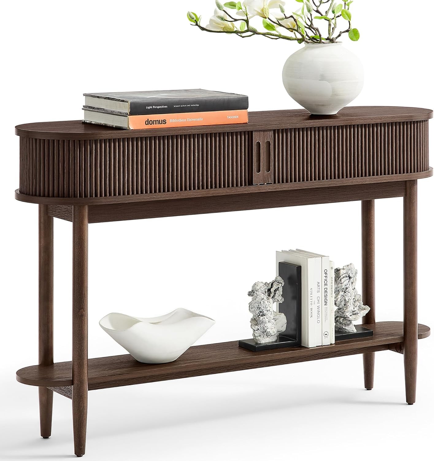 Fluted Console Table, Mid-Century Modern Entryway Cabinet with Sliding Tambour Doors, Narrow ...
