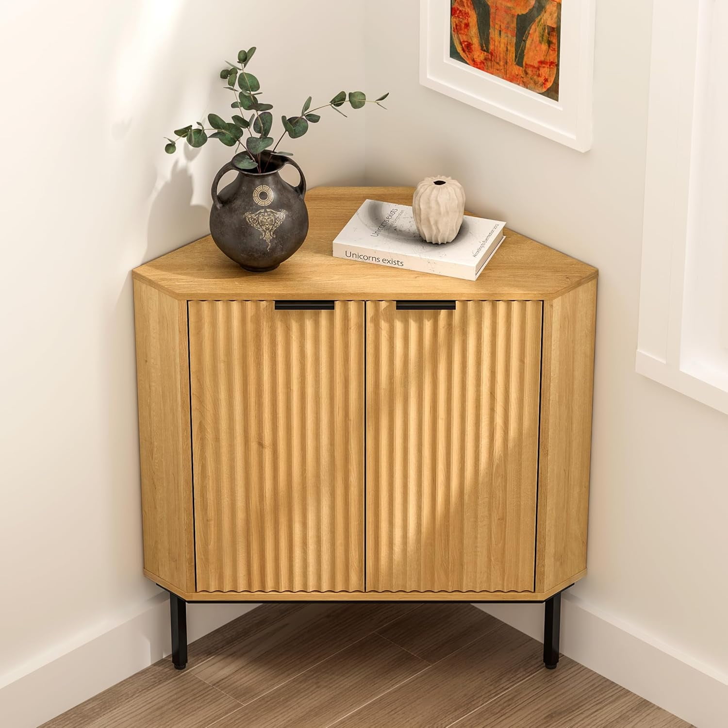Fluted Corner Cabinet, Modern Small Corner Floor Cabinet with 2 Doors ...