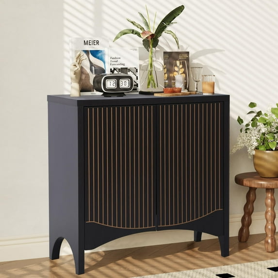 Fluted Design Buffet Cabinet with Adjustable Shelves, Carved Arc Door ...