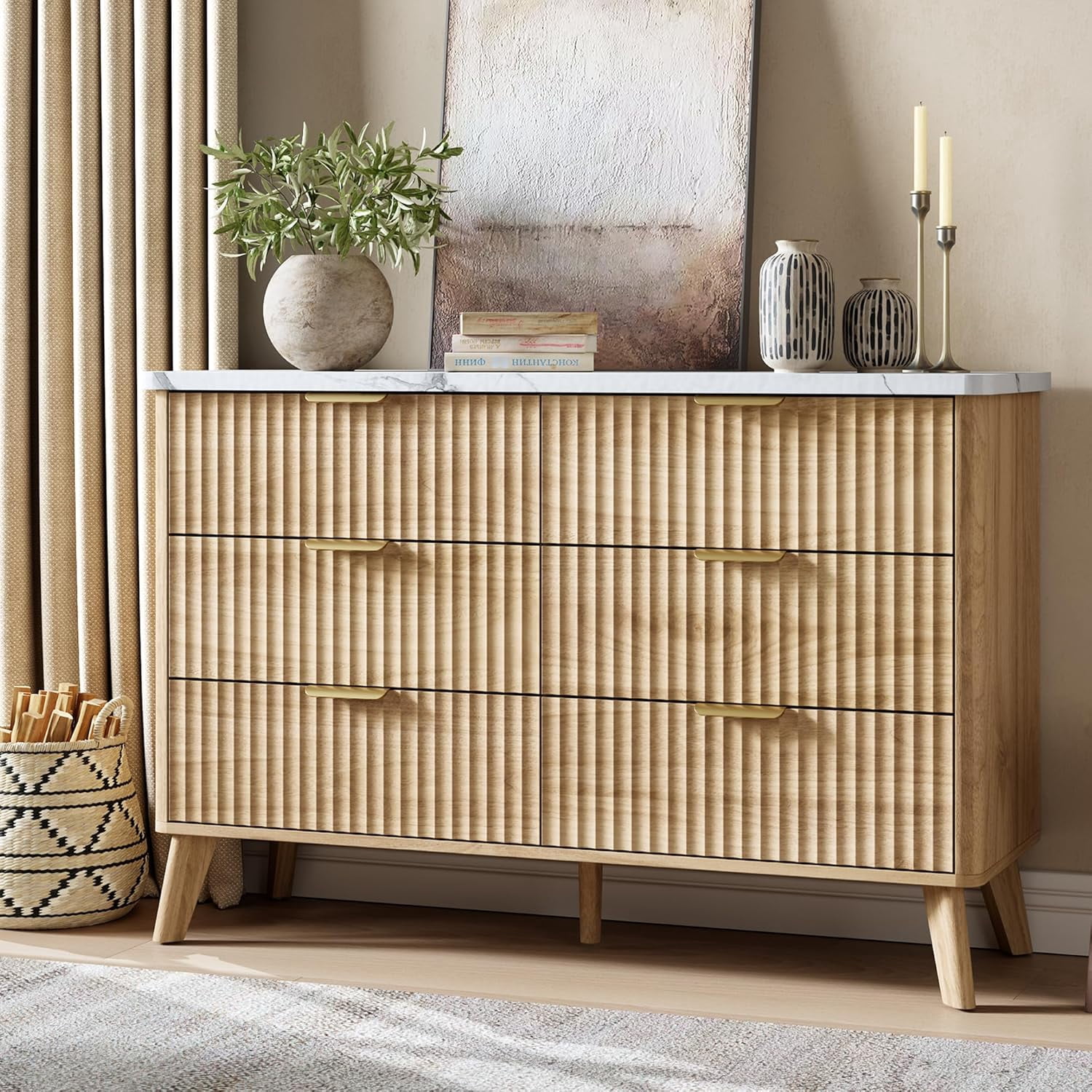 Fluted Dresser for Bedroom with 6 Deep Drawers, 47.2 in Tall Chest of ...